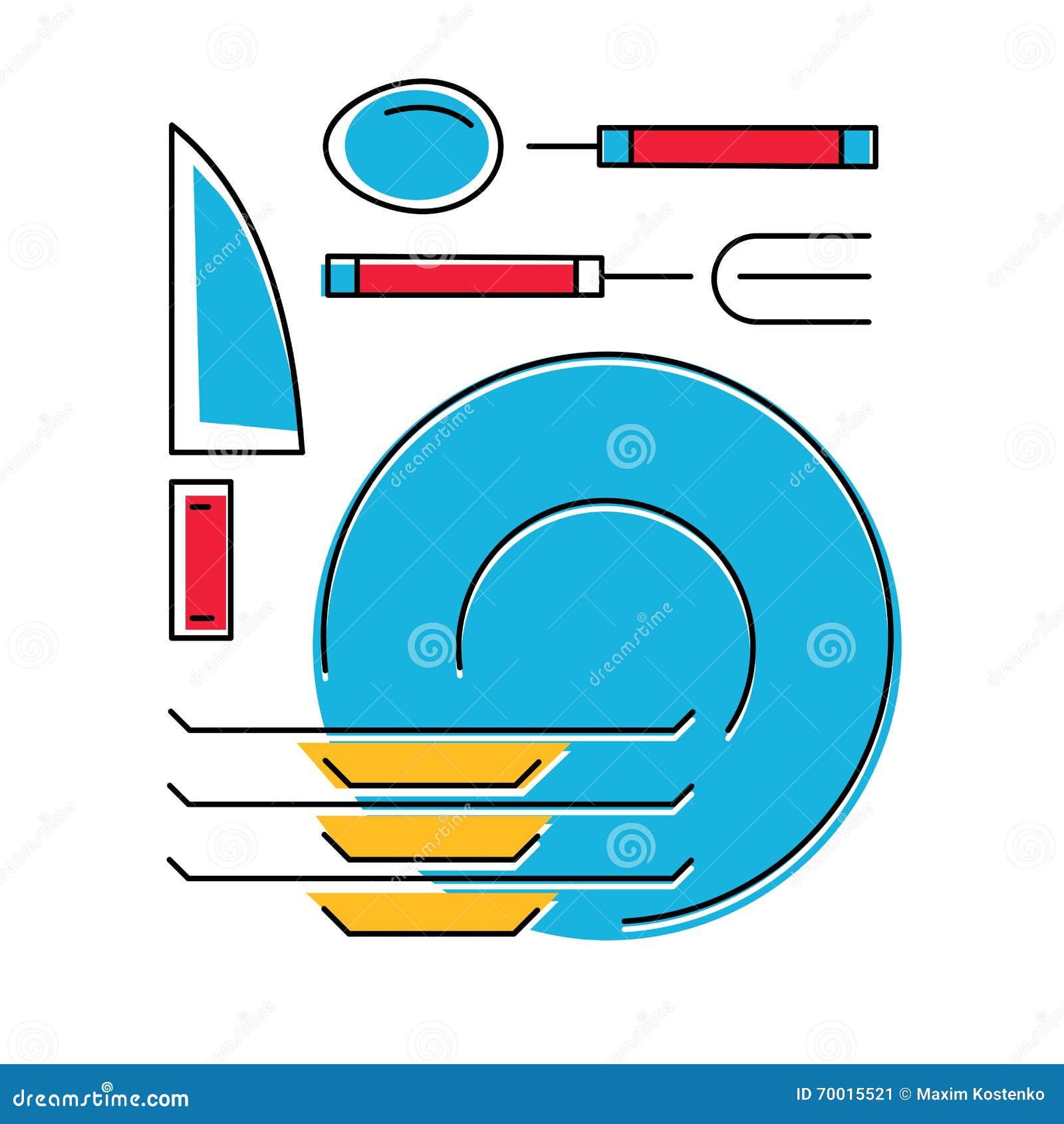 Tableware Icon, Plates, Fork, Spoon, Knife. Line Style. Vector ...