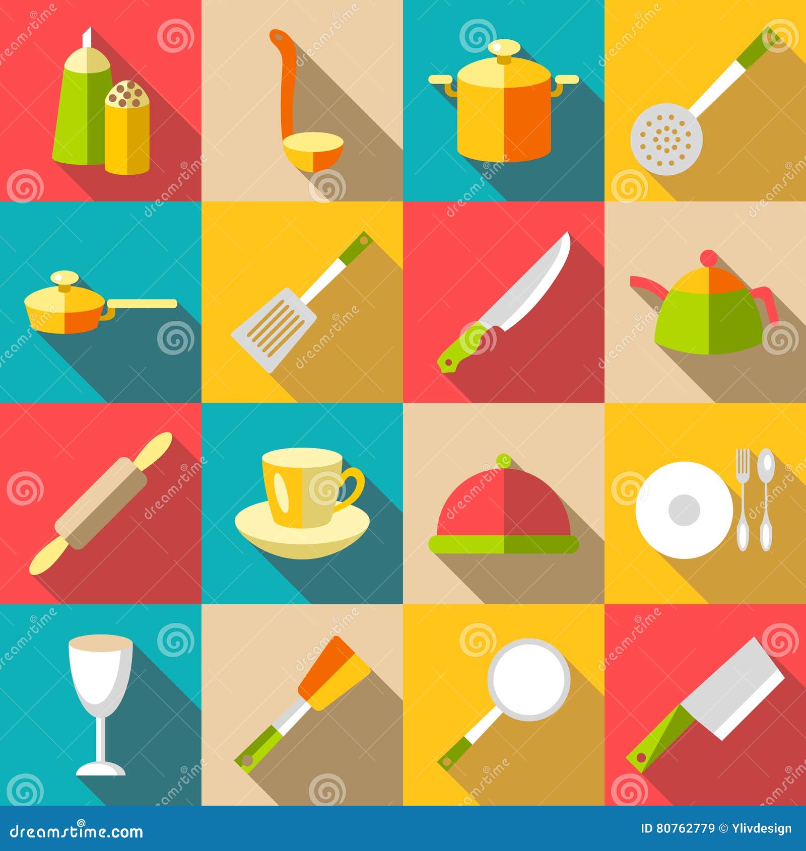 Tableware Items Icons Set, Flat Style Stock Vector - Illustration of ...