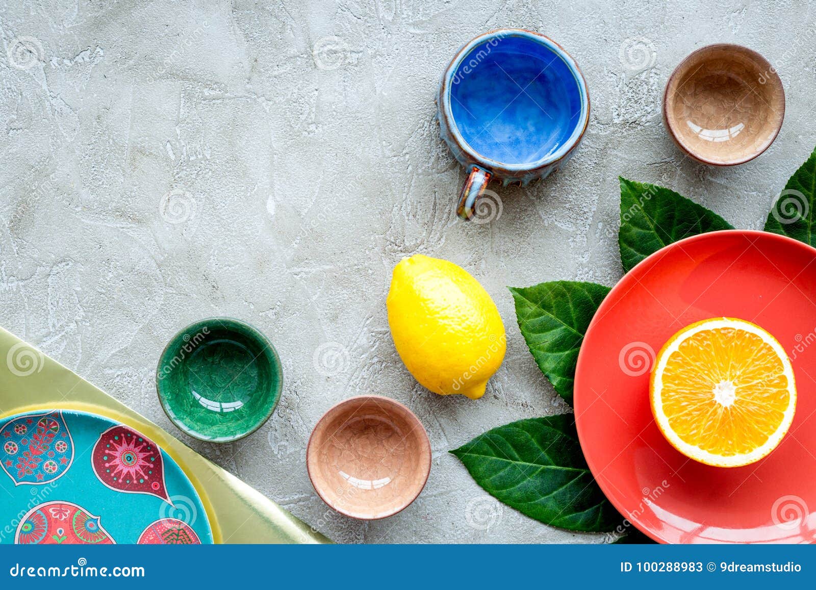 Tableware Pattern. Cups and Plates Decorated by Exotic Leaves and ...
