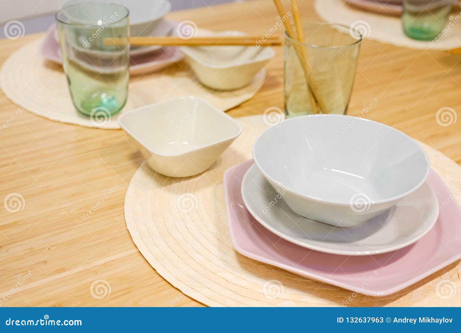 Tableware Set. Set of Different Plates on the Table Stock Image - Image ...