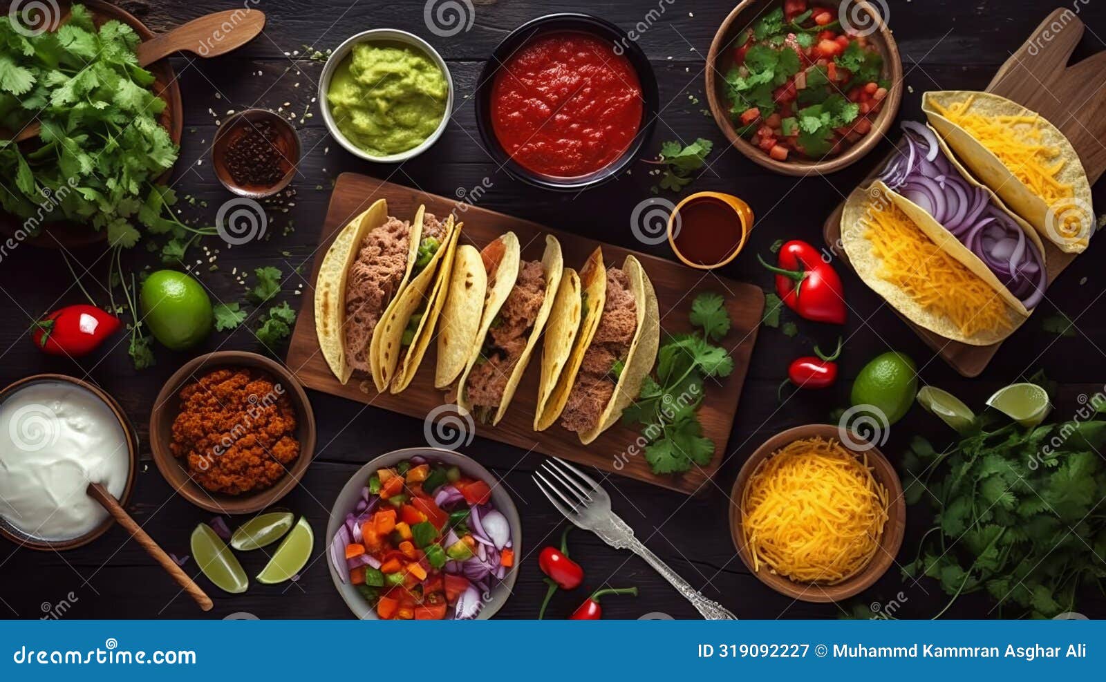 Taco Bar Table Scene with a Selection of Ingredients. Above View on a ...