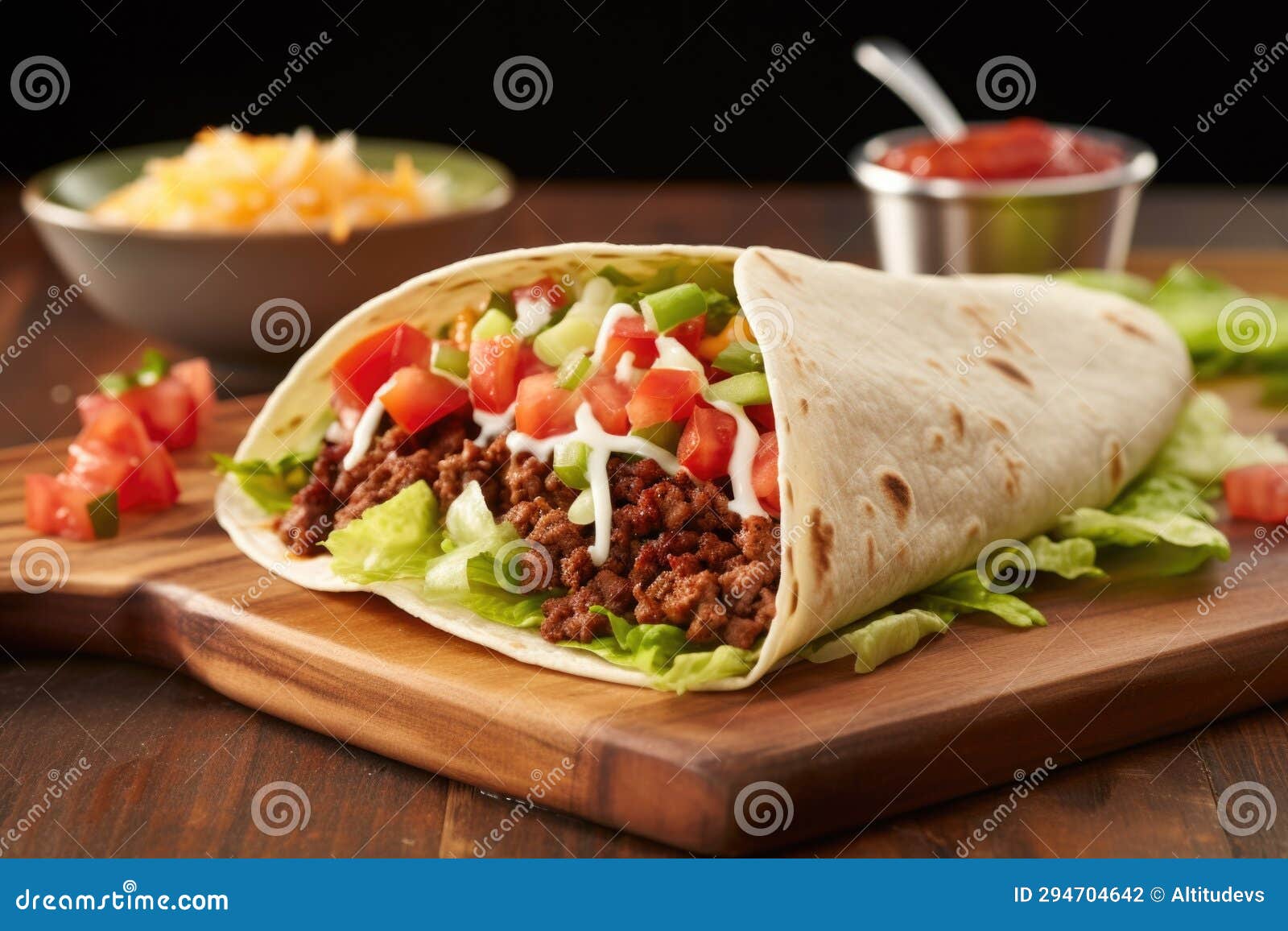 A Taco with Fresh Beef, Lettuce, Cheese, and Tomato on a Board Stock ...