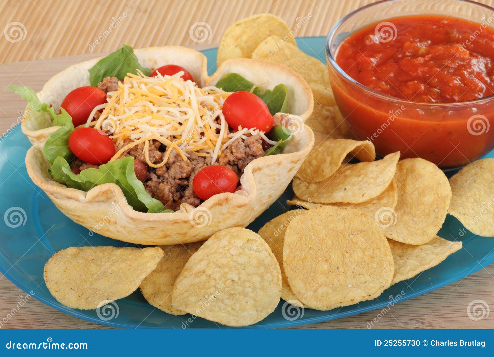 Taco Salad, Salsa and Chips Stock Photo - Image of cheese, tortilla ...