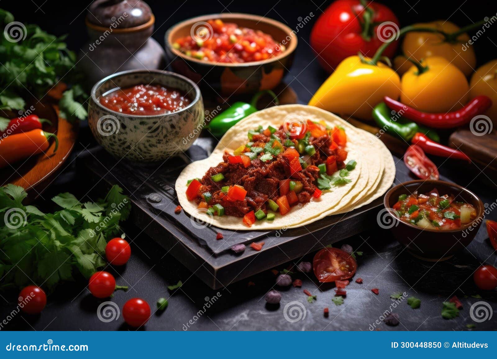 Taco Served with Spicy Salsa on Cooking Station Stock Photo - Image of ...
