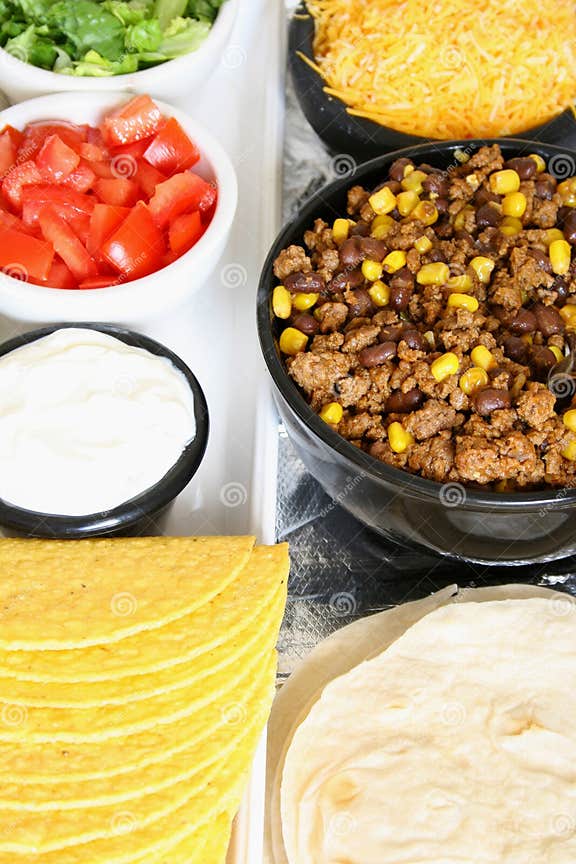 Taco & Toppings on White Upclose Stock Photo - Image of tomato, corn ...
