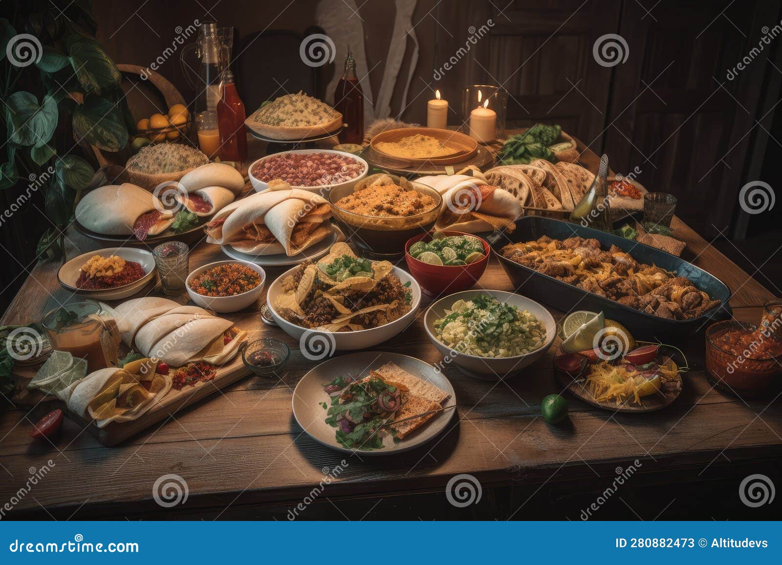 Tacos, Burritos, and Nachos Spread Out on Table for a Feast Stock Illustration - Illustration of ...