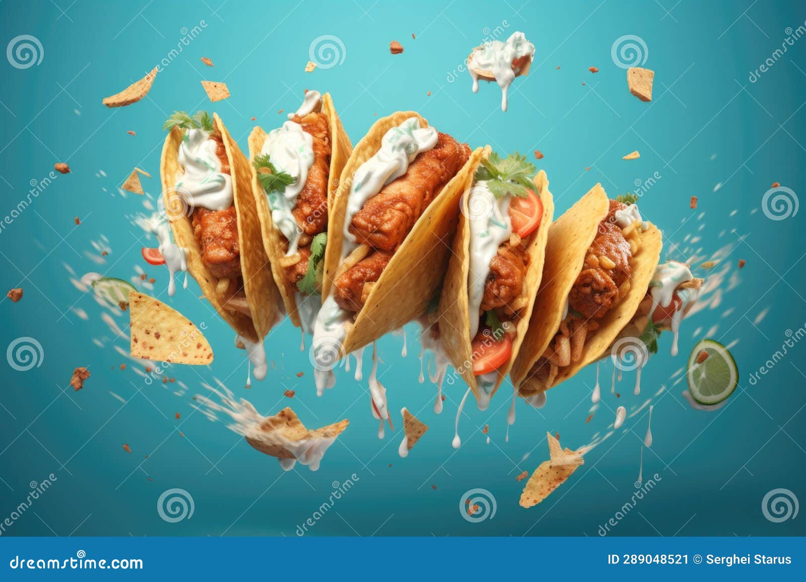 Tacos with Chicken and Sauce Falling into the Air, AI Stock Image ...