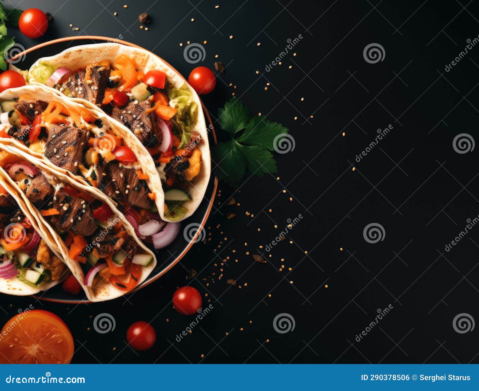Tacos with Meat and Vegetables on a Black Background, AI Stock Photo ...