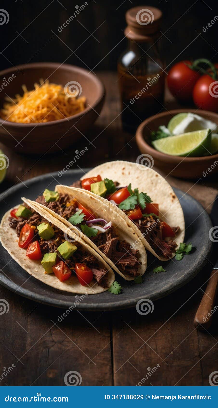 Tacos with Shredded Meat and Fresh Toppings on Gray Plate Stock ...