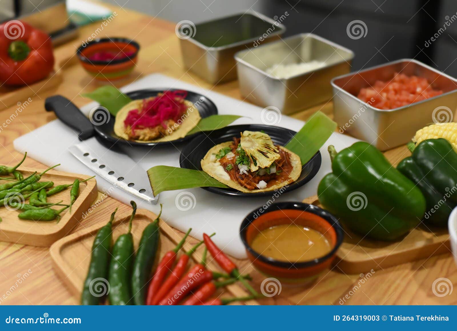 Tacos on a Wooden Table with Vegetables Stock Image - Image of cherry ...