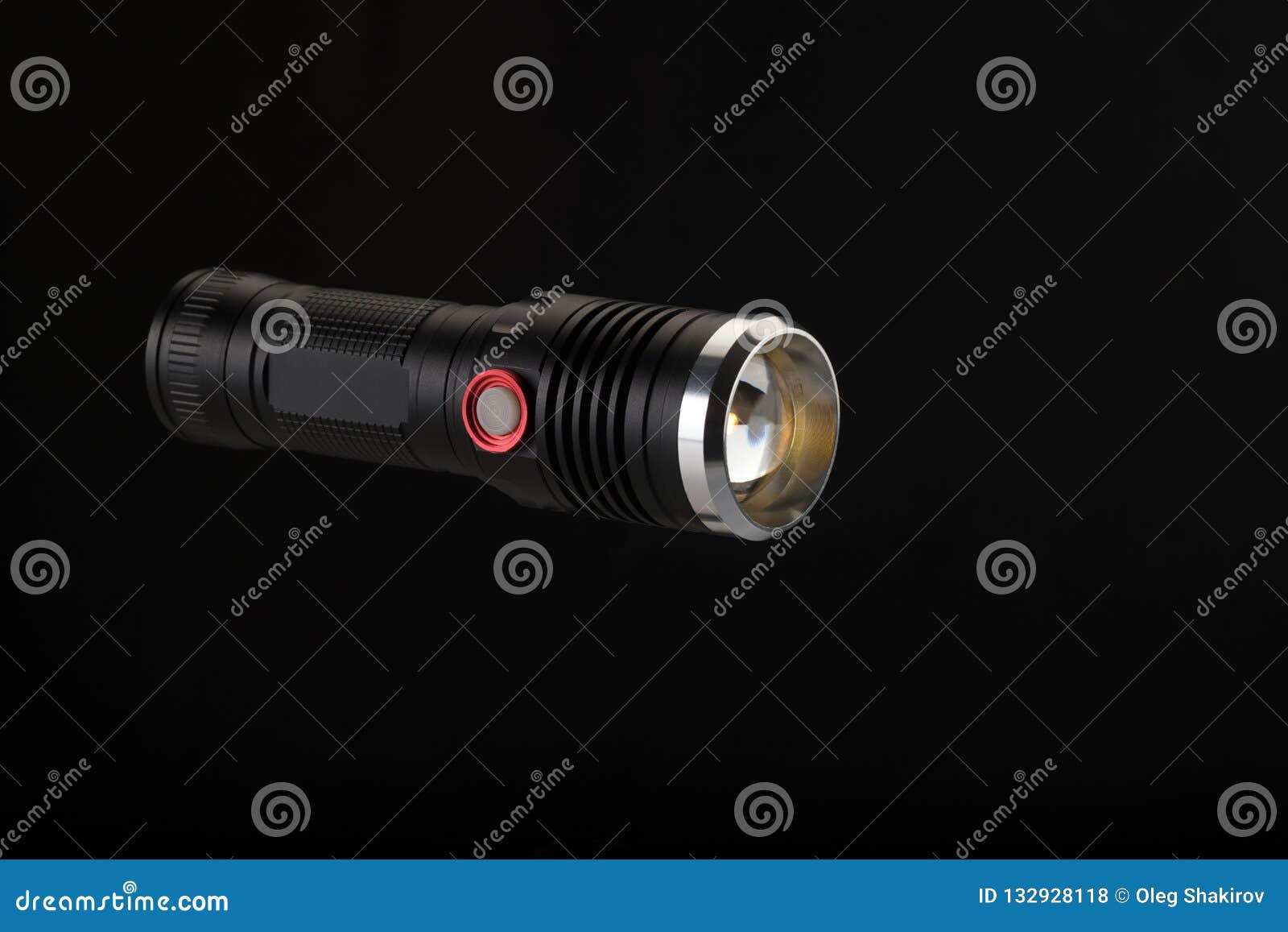 Tactical Flashlight on a Black Background Stock Photo - Image of glass ...