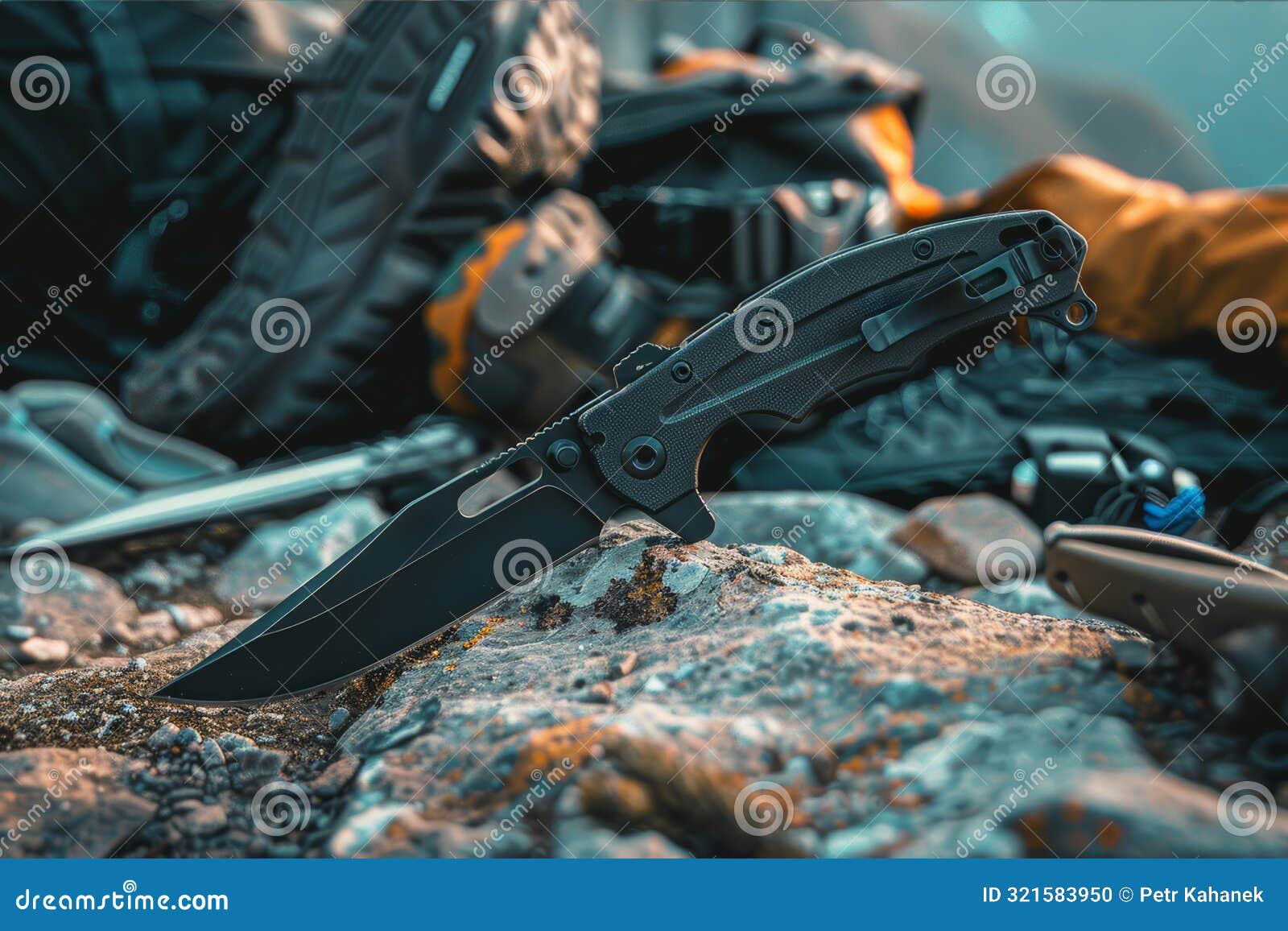 A Tactical Folding Knife with a Black Serrated Blade, Rugged Handle ...