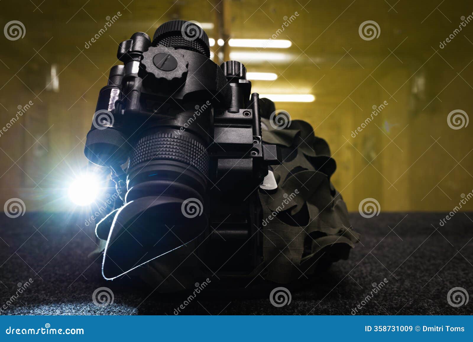 Tactical Helmet with Installed Night Vision Device and Flashlight Stock ...