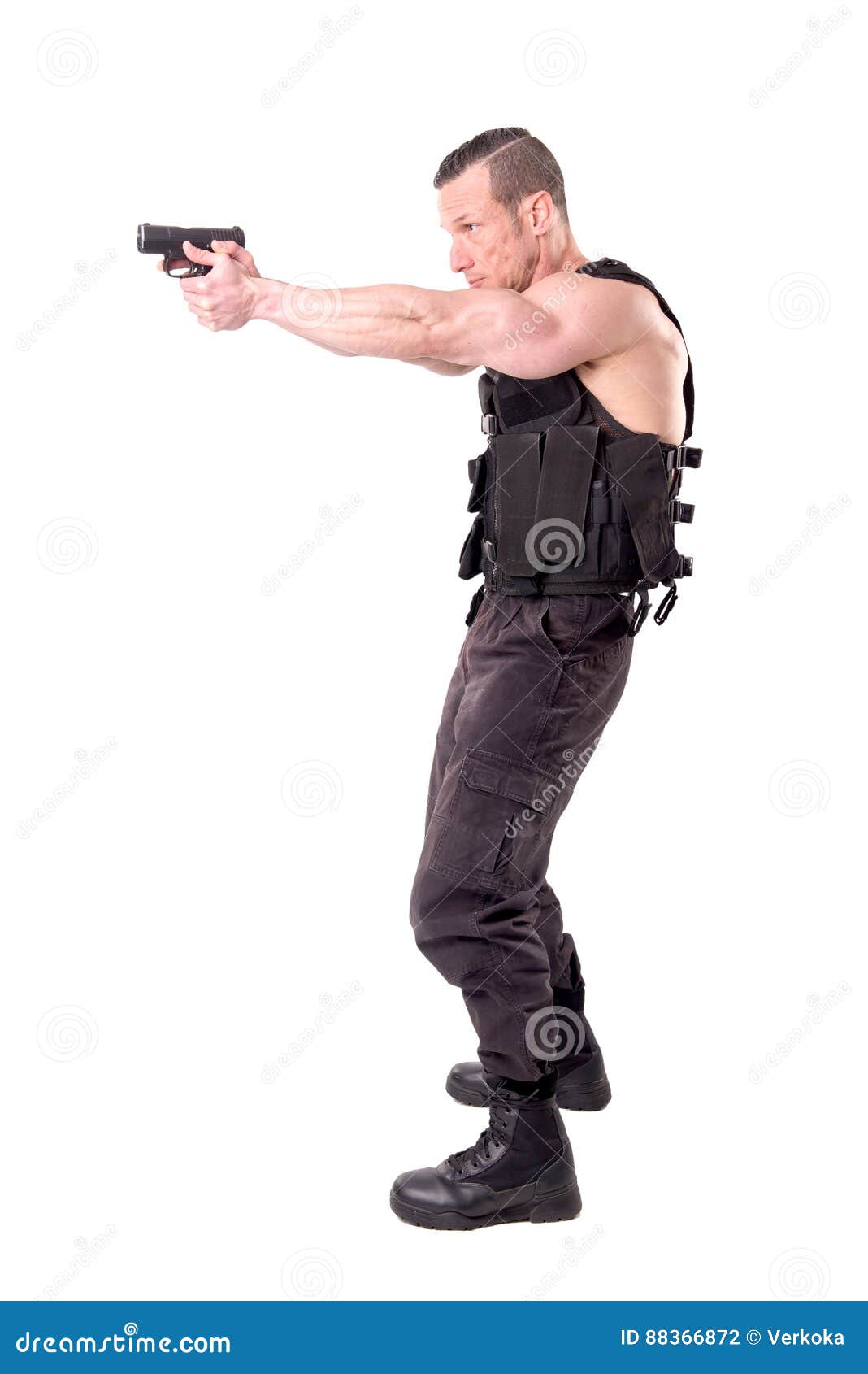 Tactical Law Enforcer Posing Stock Photo - Image of firearm, male: 88366872