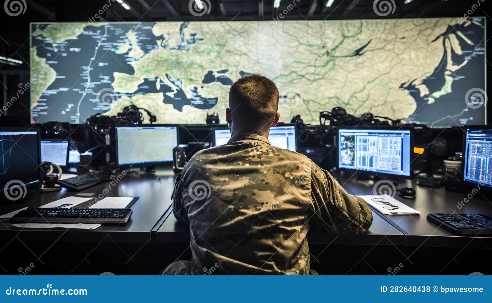 Tactical Operations: Soldier in a Modern War Room Utilizing Maps and ...