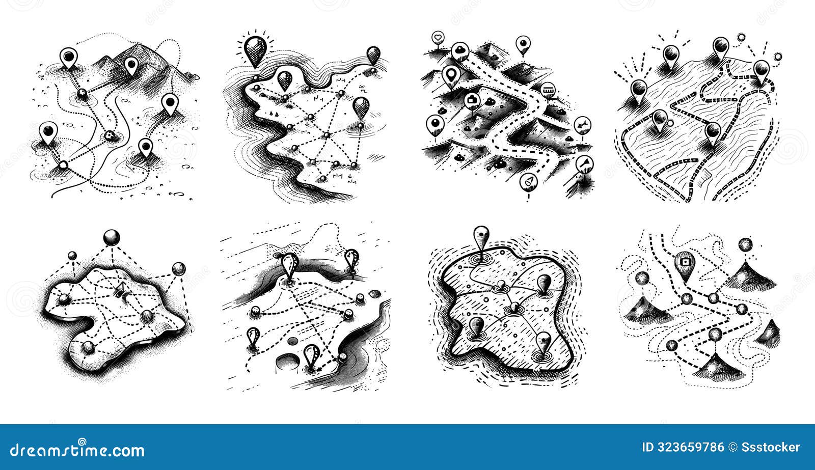 Tactical Plan Pencil Sketch Vector Set. Lines Dots Pinbars Markers ...