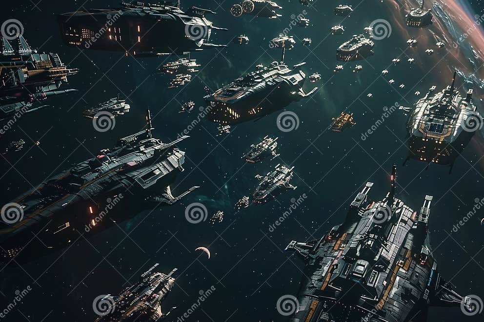 A Tactical View of a Space Fleet in Formation Preparing for Interplanetary Warfare Scifi Video ...