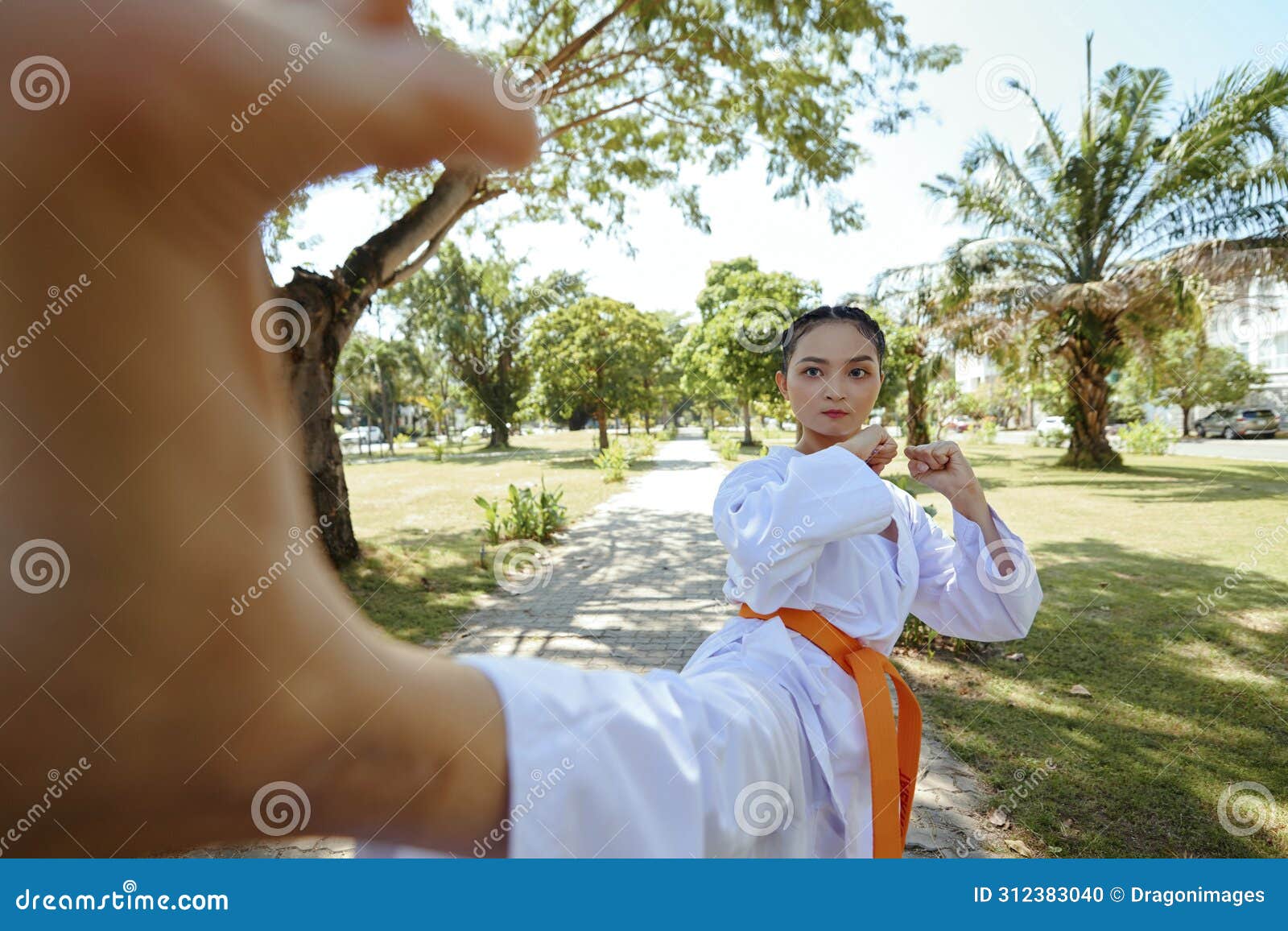 Taekwondo Athlete Kicking Camera Stock Photo - Image of high, kick ...