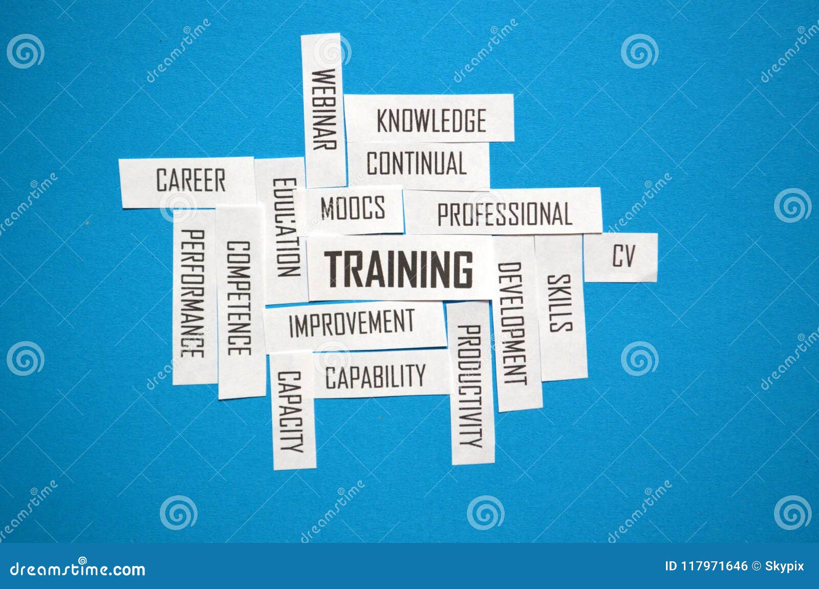 TRAINING Paper Tag Cloud on Blue Background Stock Photo - Image of ...
