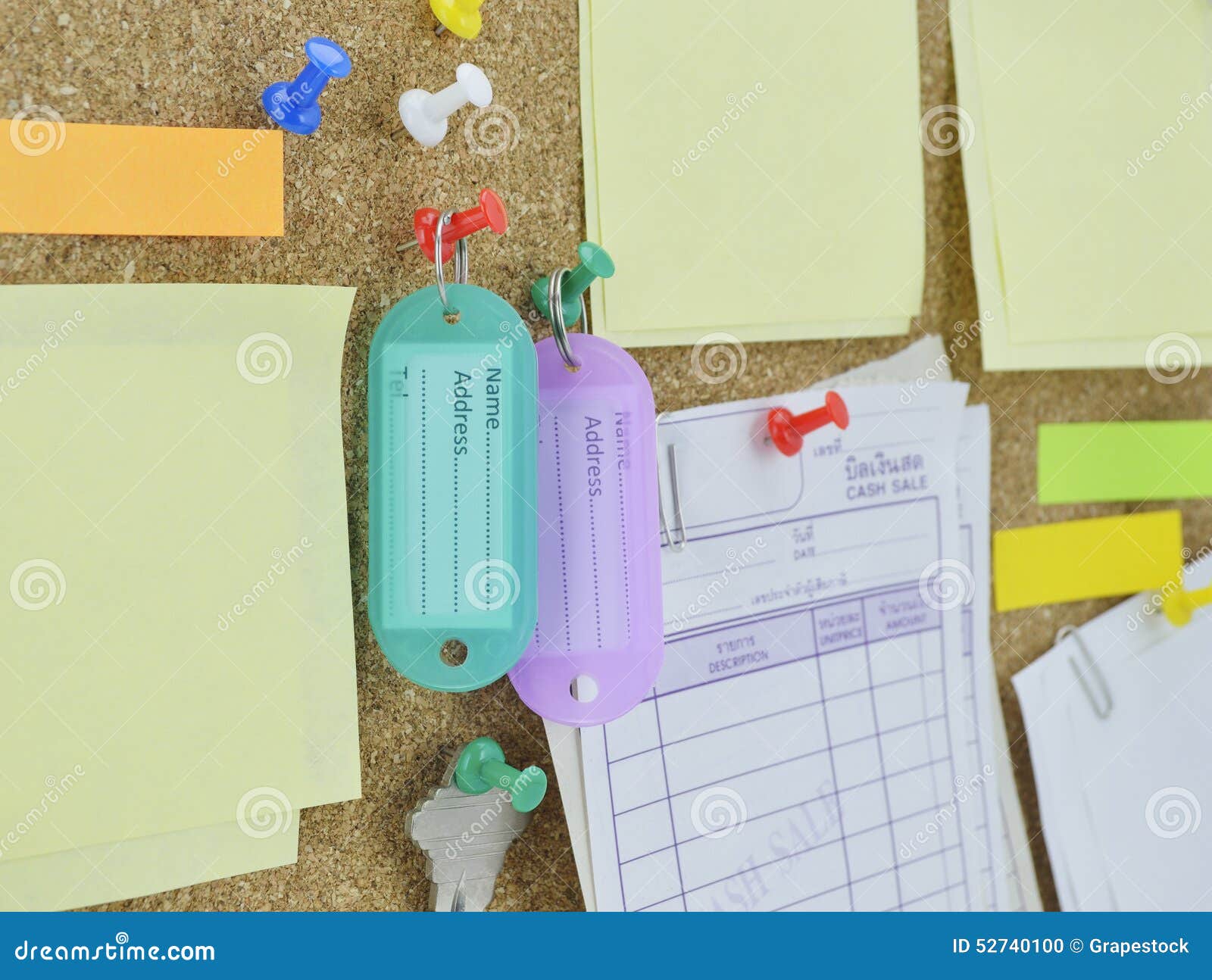 Tag Name, Colorful Sticky Notes and Key on Cork Board Stock Photo ...