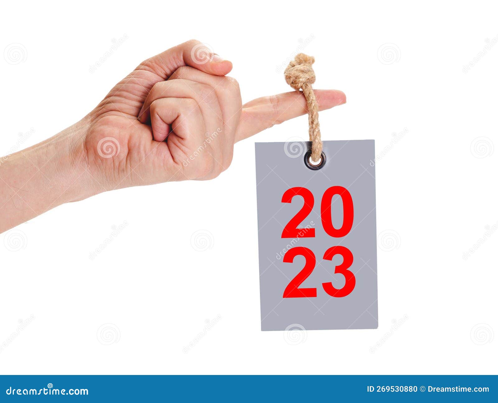 2023 Tag on Thick Rope Hanging on Finger Stock Photo - Image of empty ...