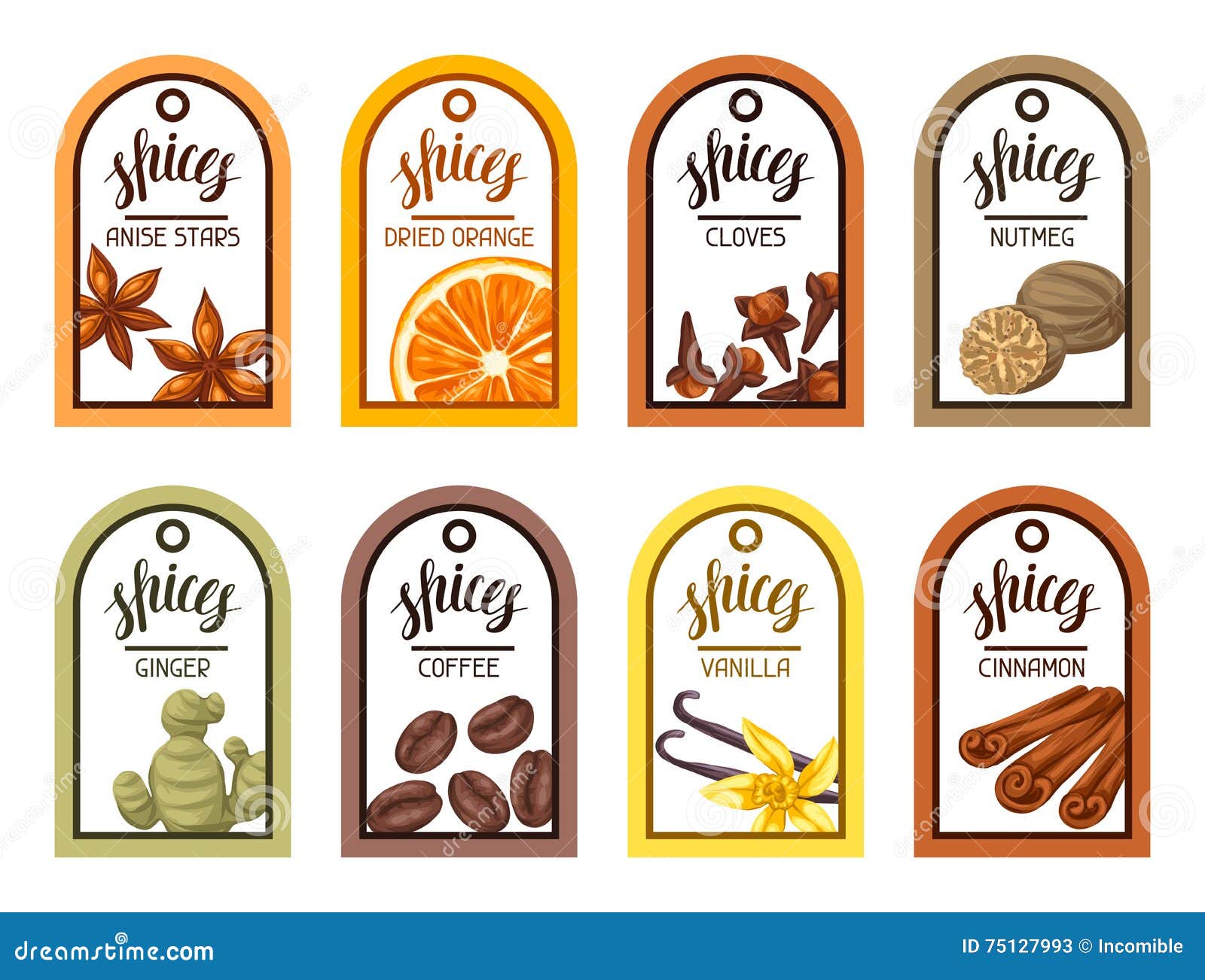 Tags with Various Spices. Illustration of Anise, Cloves, Vanilla ...