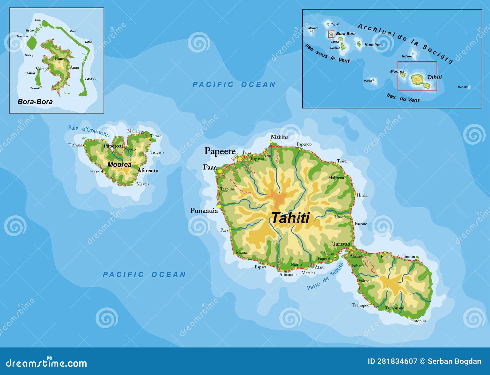 Tahiti and Bora-Bora Highly Detailed Physical Map Stock Vector ...