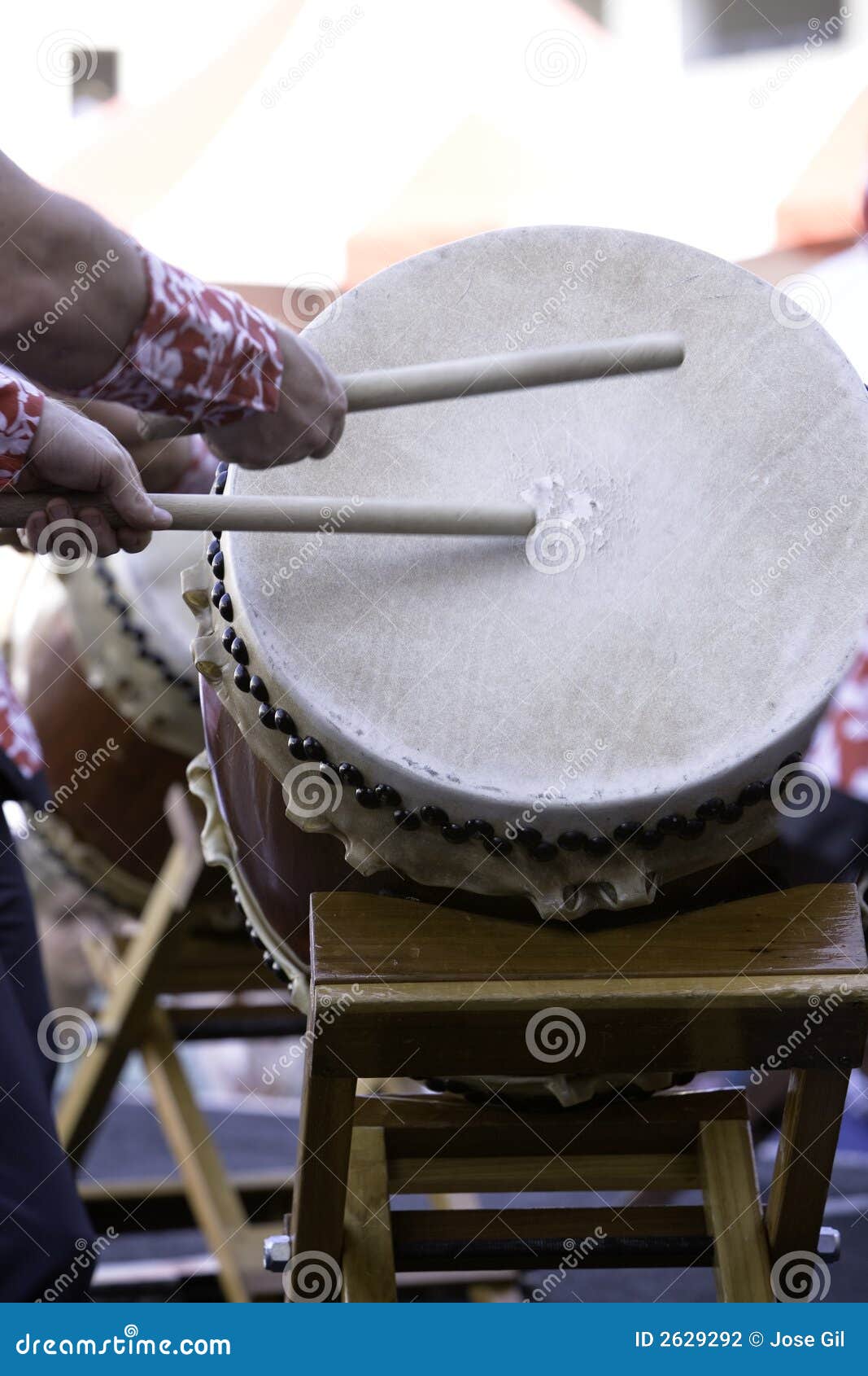 Taiko Drums O-kedo Are In A Row And Japanese Drummers On The Yagura ...