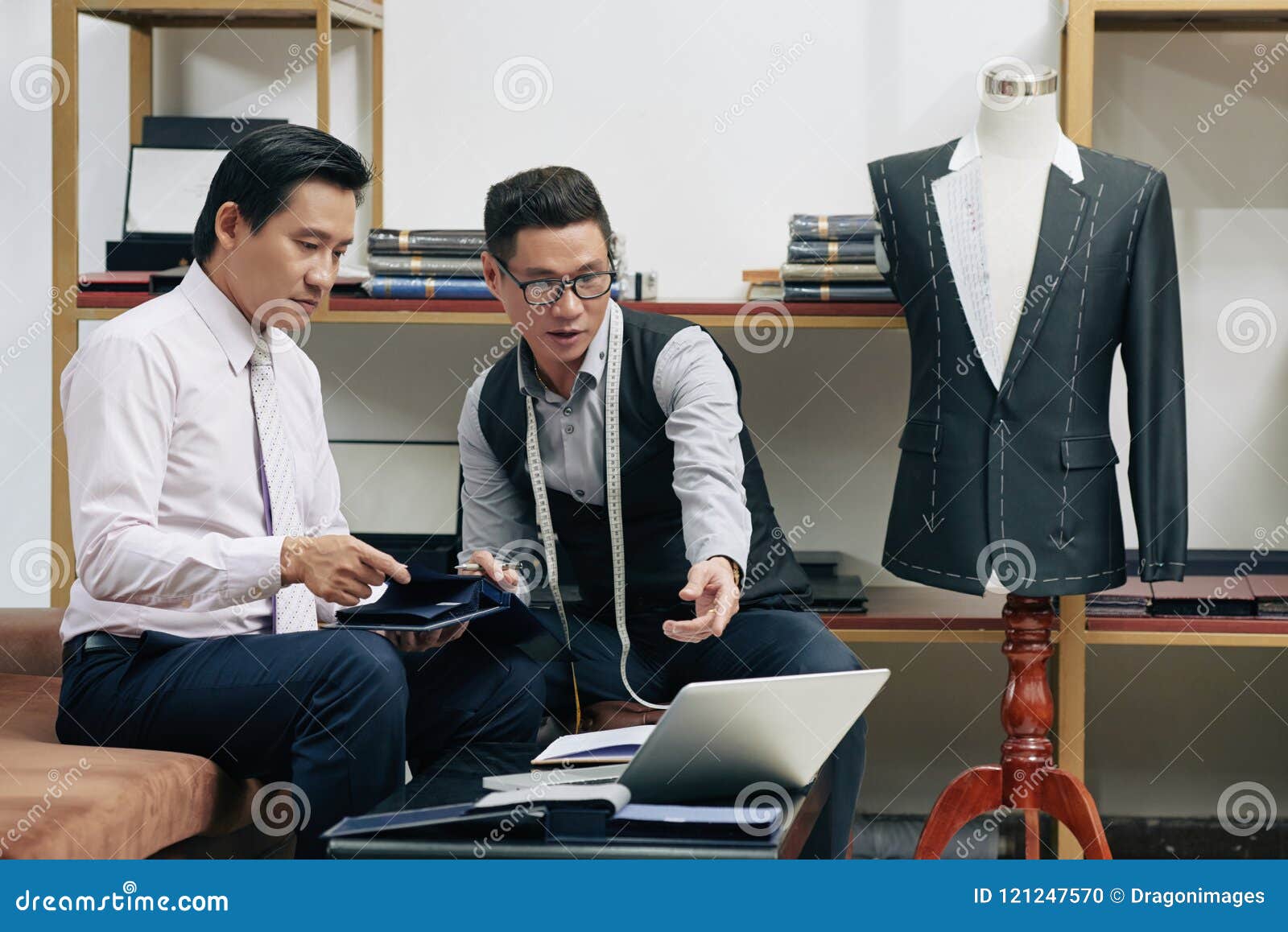 Tailor and client stock photo. Image of fabric, couturier - 121247570