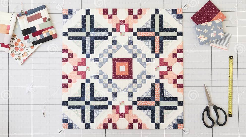 Tailor Creating Patchwork Quilt with Geometric Pattern on Cutting Mat ...