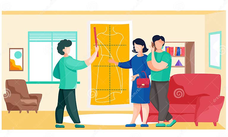 Tailor and Customers at Fashion Atelier Studio Workshop. Master at Work ...