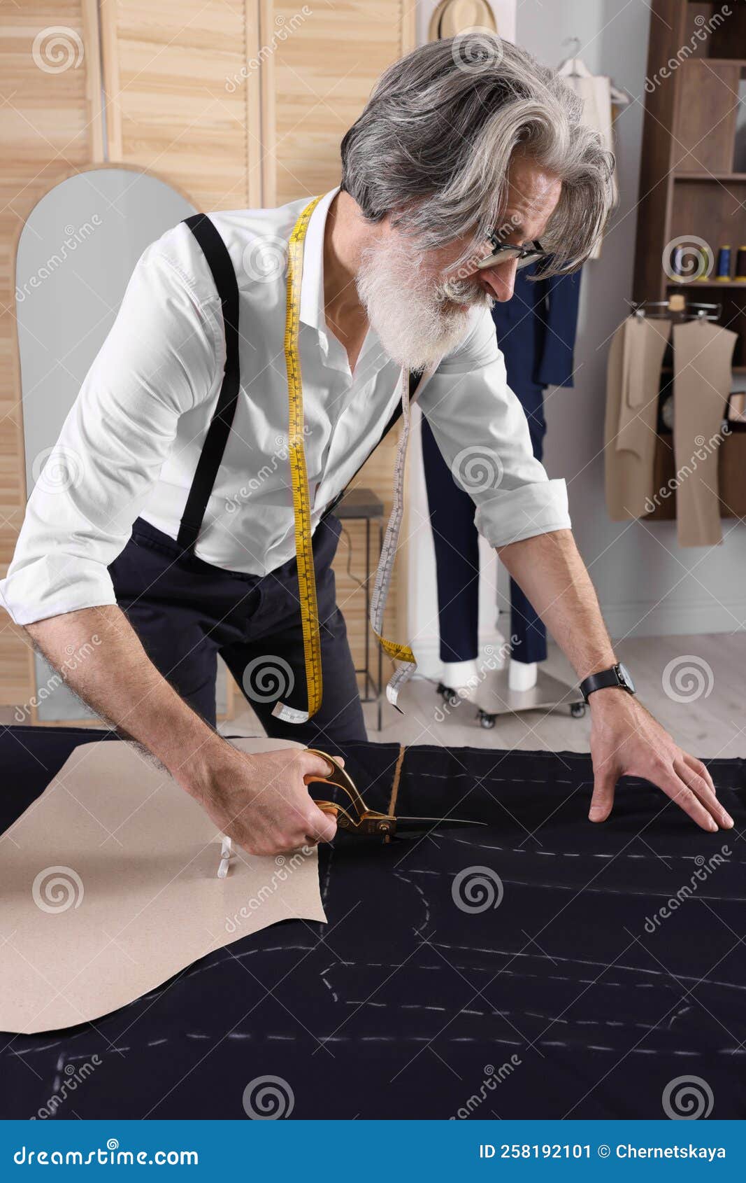 Professional Tailor Cutting Fabric by Following Chalked Sewing Pattern ...