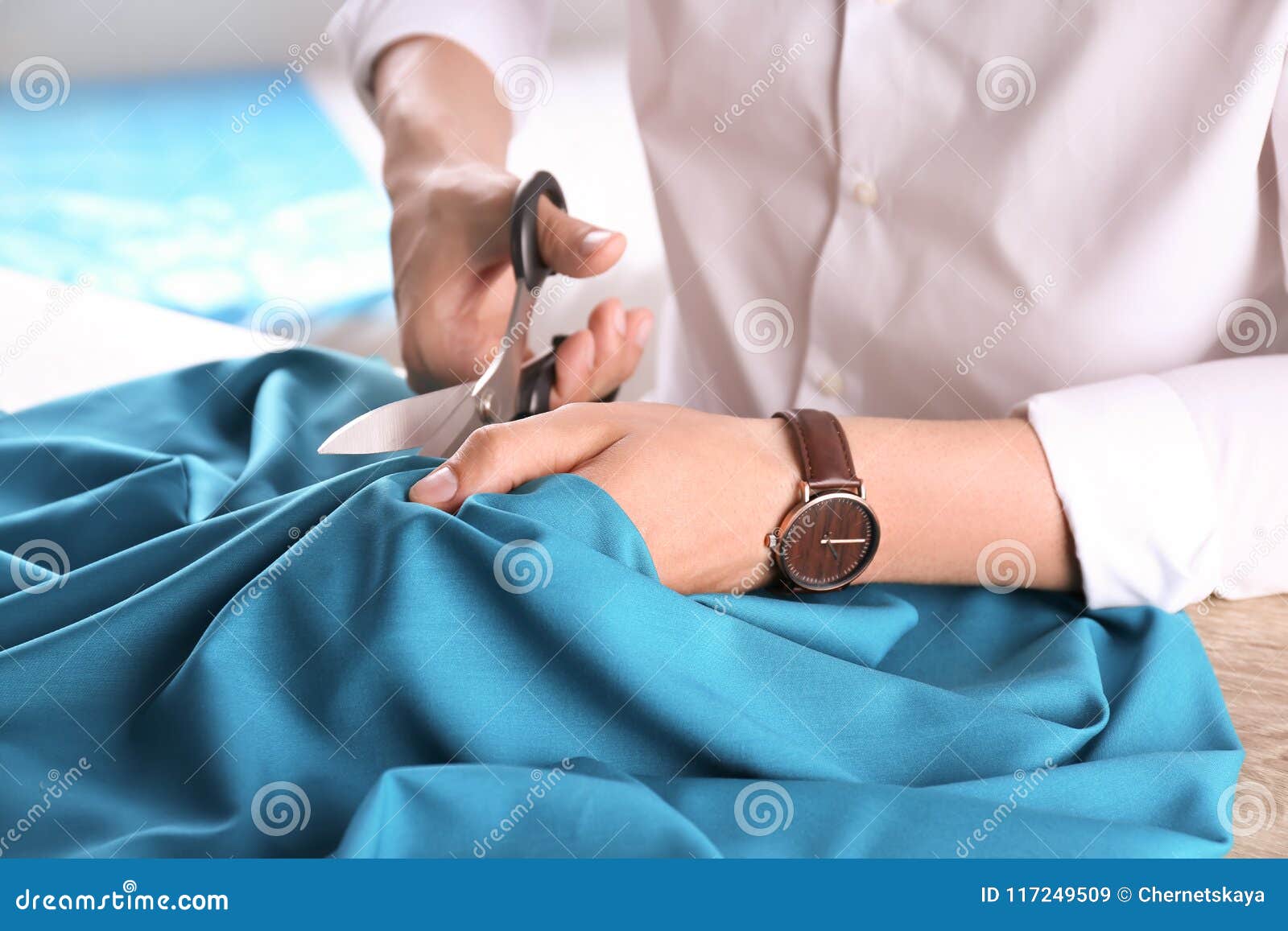 Tailor Cutting Fabric at Table in Atelier Stock Image - Image of ...