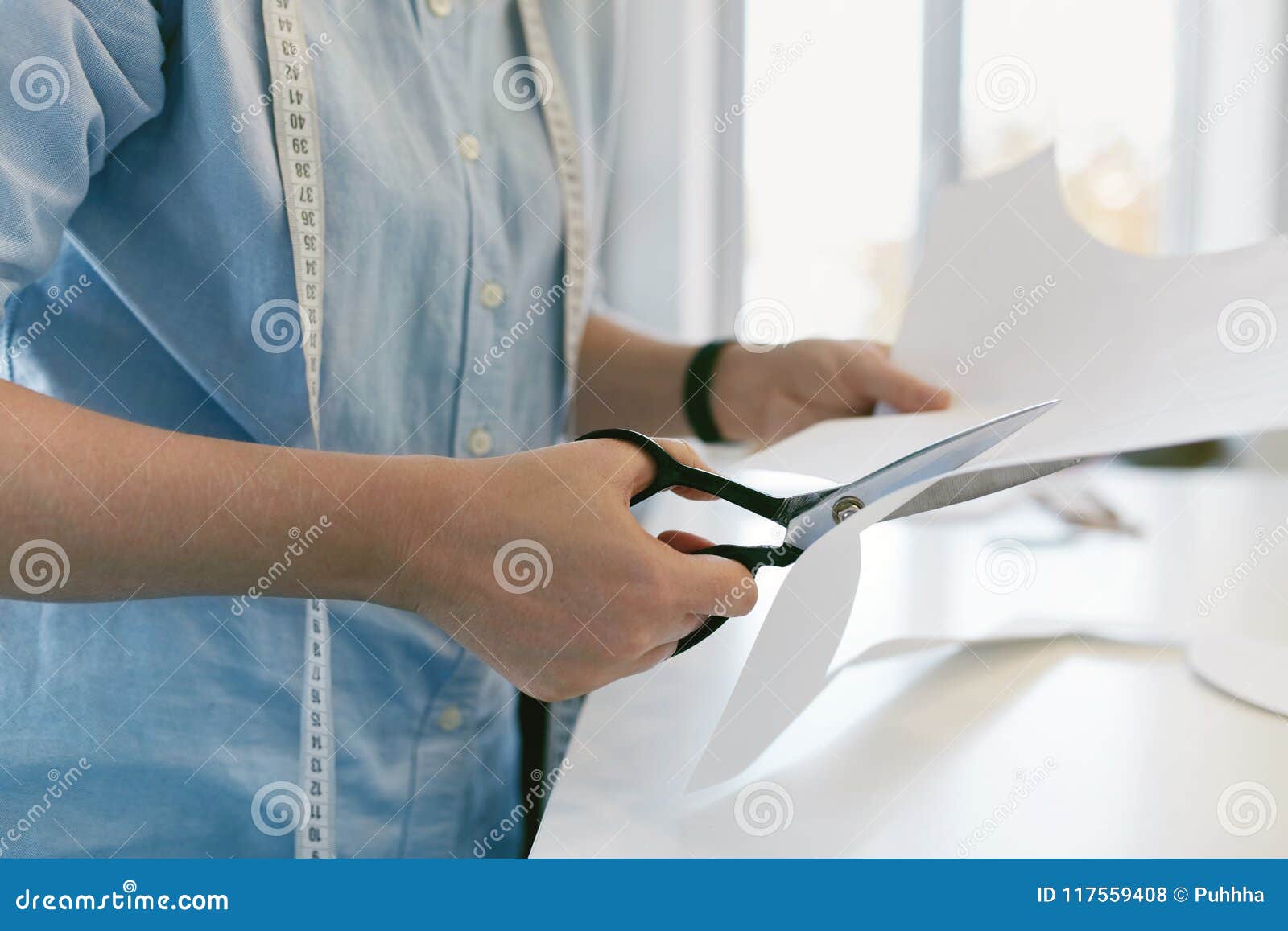 Tailor Cutting Sewing Pattern with Scissors Stock Photo - Image of ...