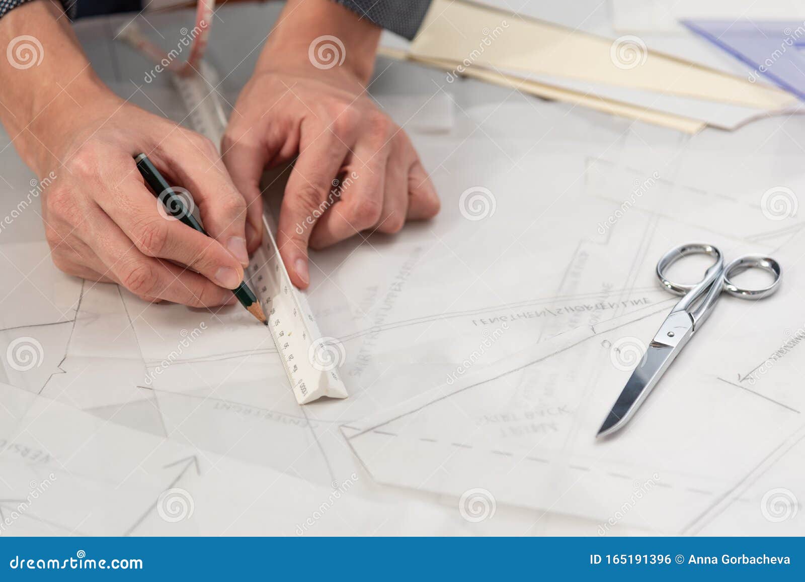 Tailor Drawing Sewing Pattern Close Up. Stock Photo - Image of spool ...