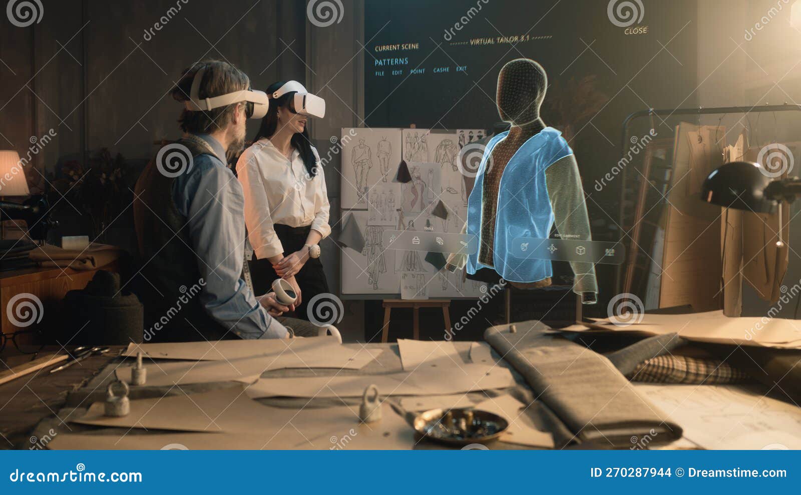 Tailor and Customer Watch 3D Hologram of Clothes Pattern Stock ...