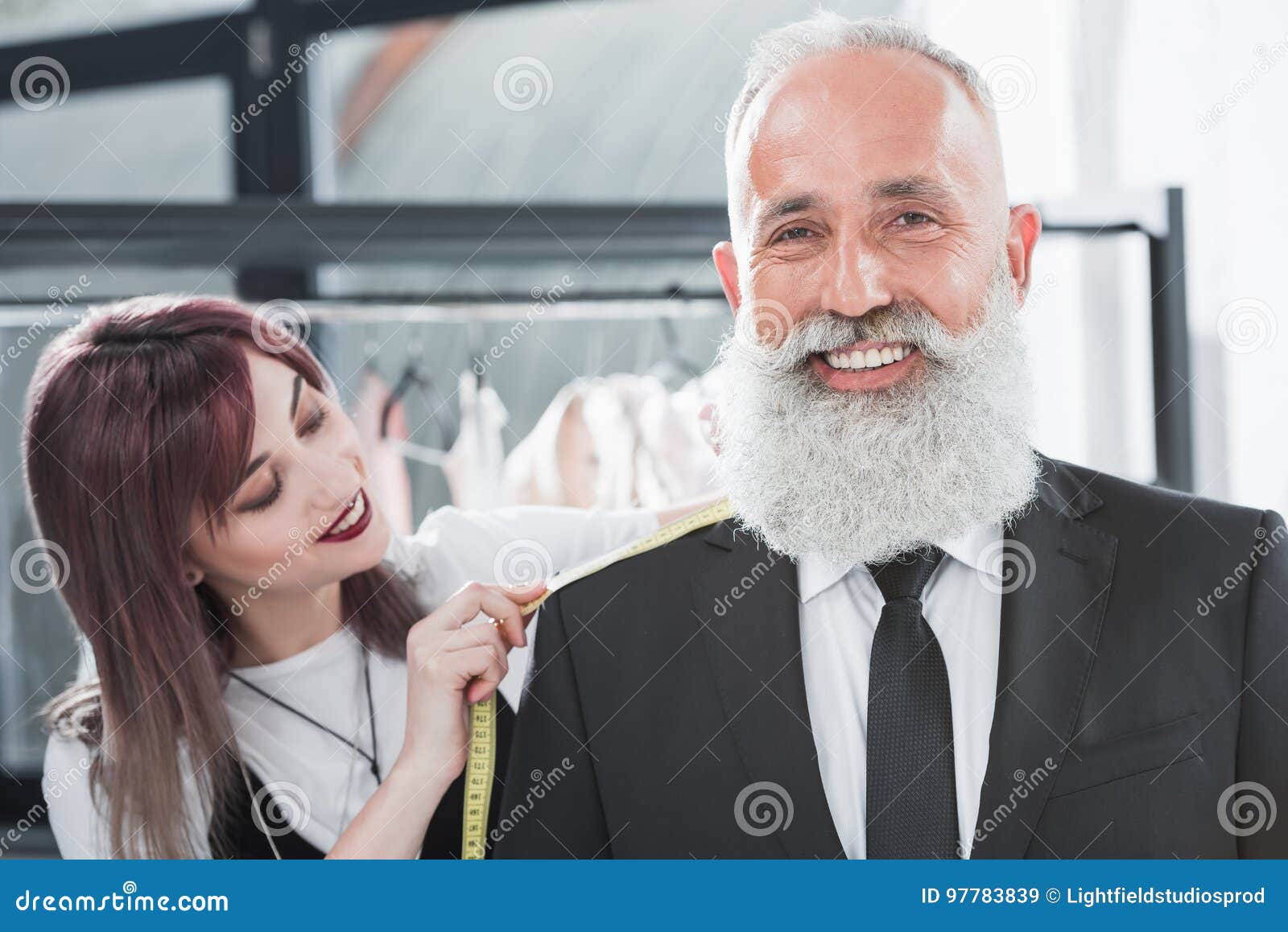 Tailor Fitting Smiling Elderly Man for Suit Jacket Indoors Stock Image ...