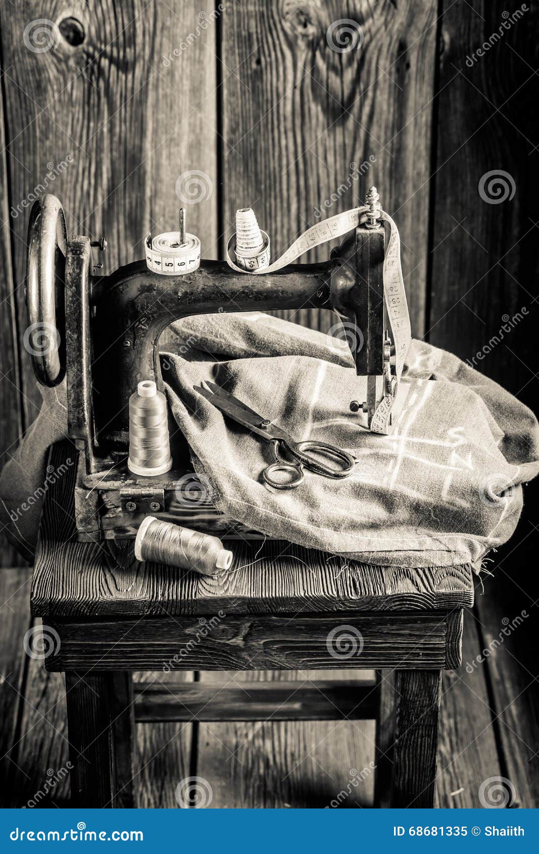 Tailor Machine with Scissors, Cloth and Threads Stock Image - Image of ...