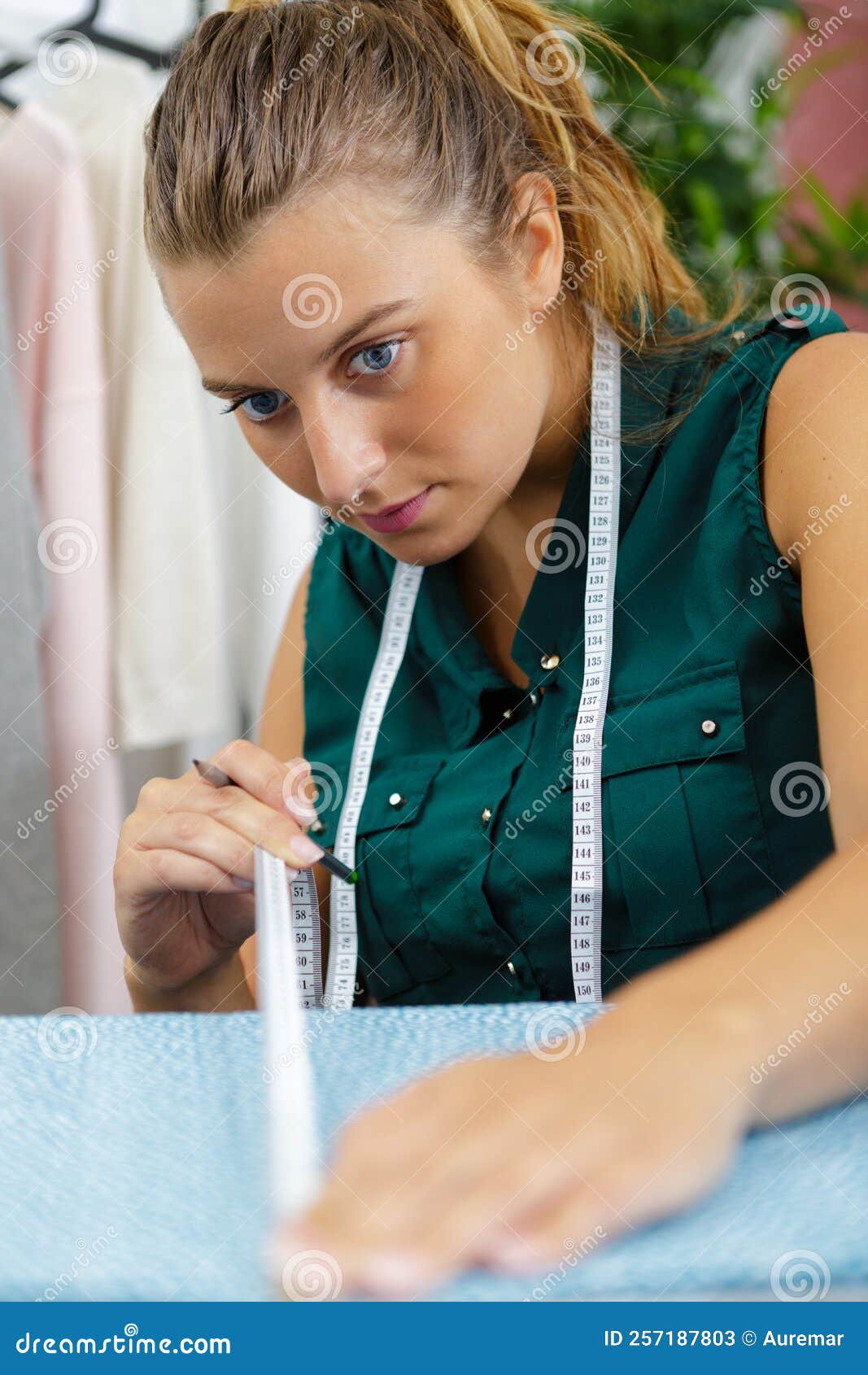 Tailor Measuring Fabric on Table Stock Image - Image of measurement ...