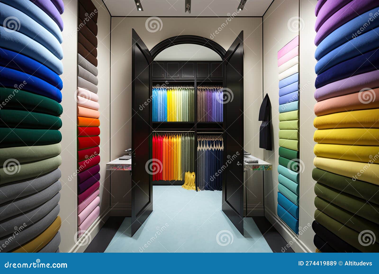 Tailor S Fitting Room with Rows of Colorful and Unique Fabric Samples ...