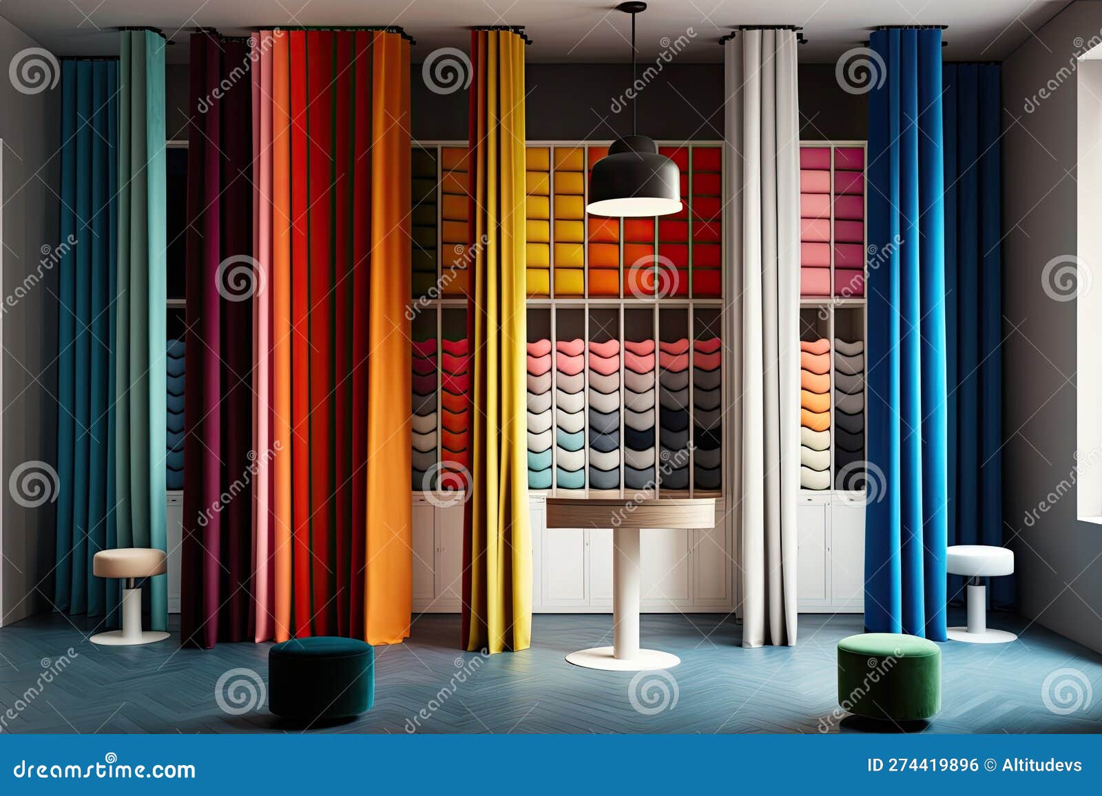 Tailor S Fitting Room with Rows of Colorful and Unique Fabric Samples ...
