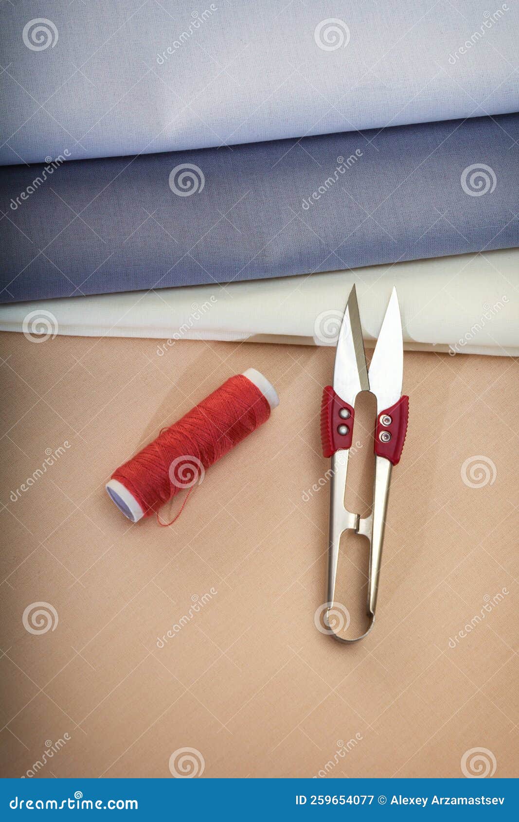 Tailor`s Scissors for Cutting Threads with a Piece of Fabric. Stock ...