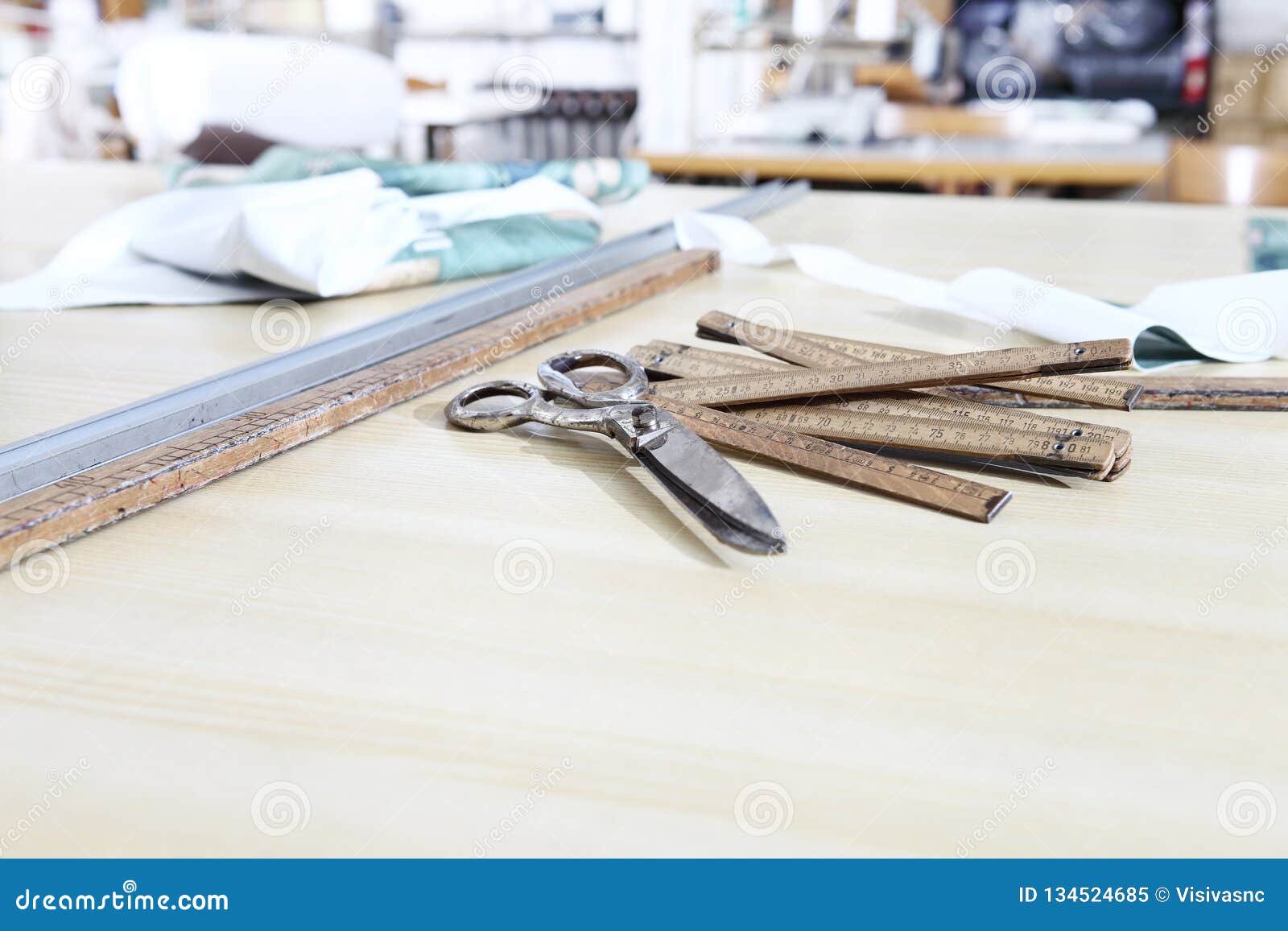 Tailor`s Tools, Old Scissors, Wooden Meter and Ruler on the Sartorial ...