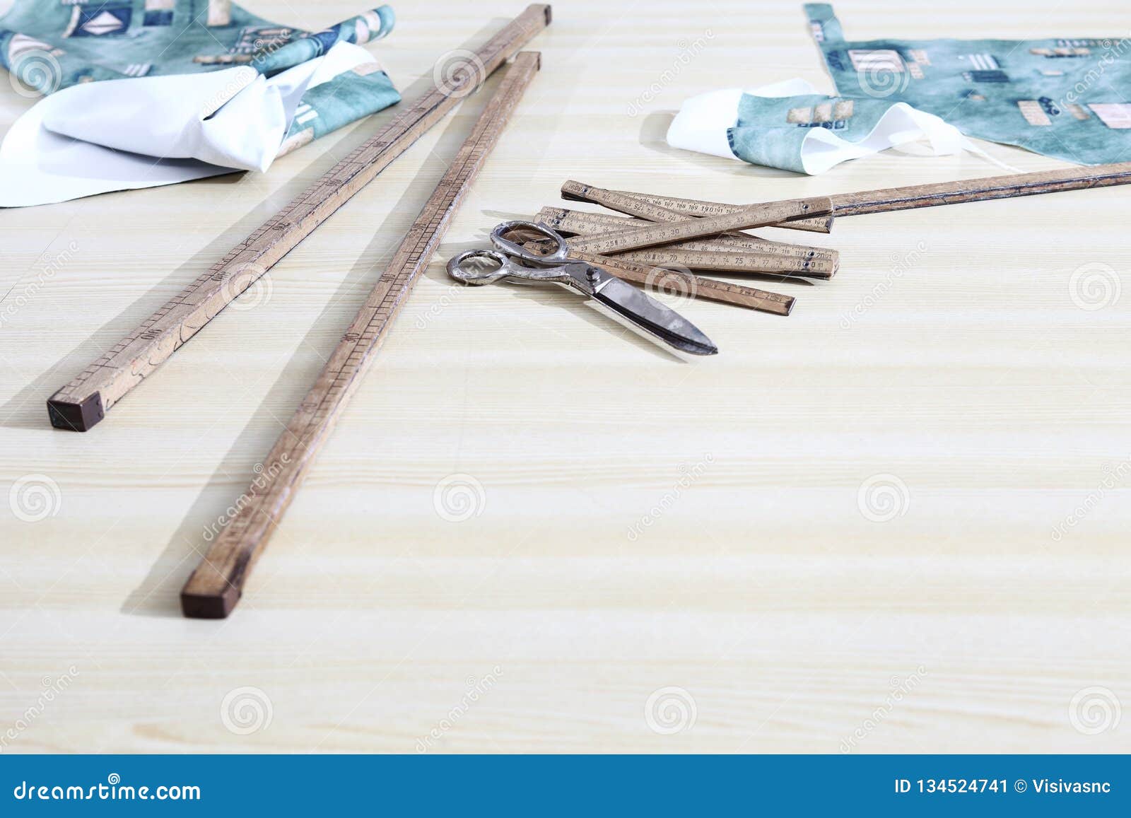 Tailor`s Tools, Old Scissors, Wooden Meter and Ruler on the Sartorial ...