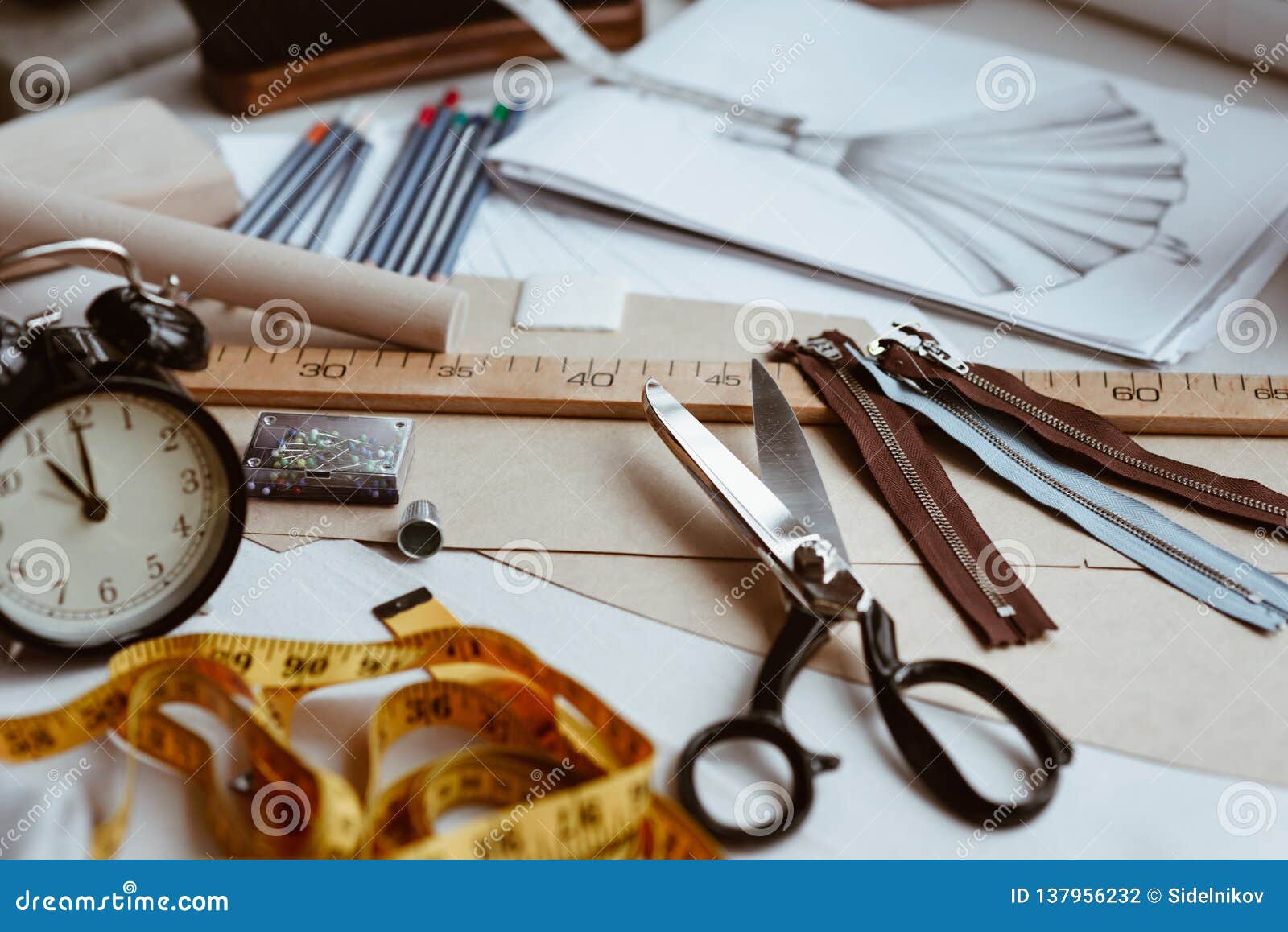 Tailor`s Tools, Scissors, Measure Tape and Ruler on the Sartorial Work ...