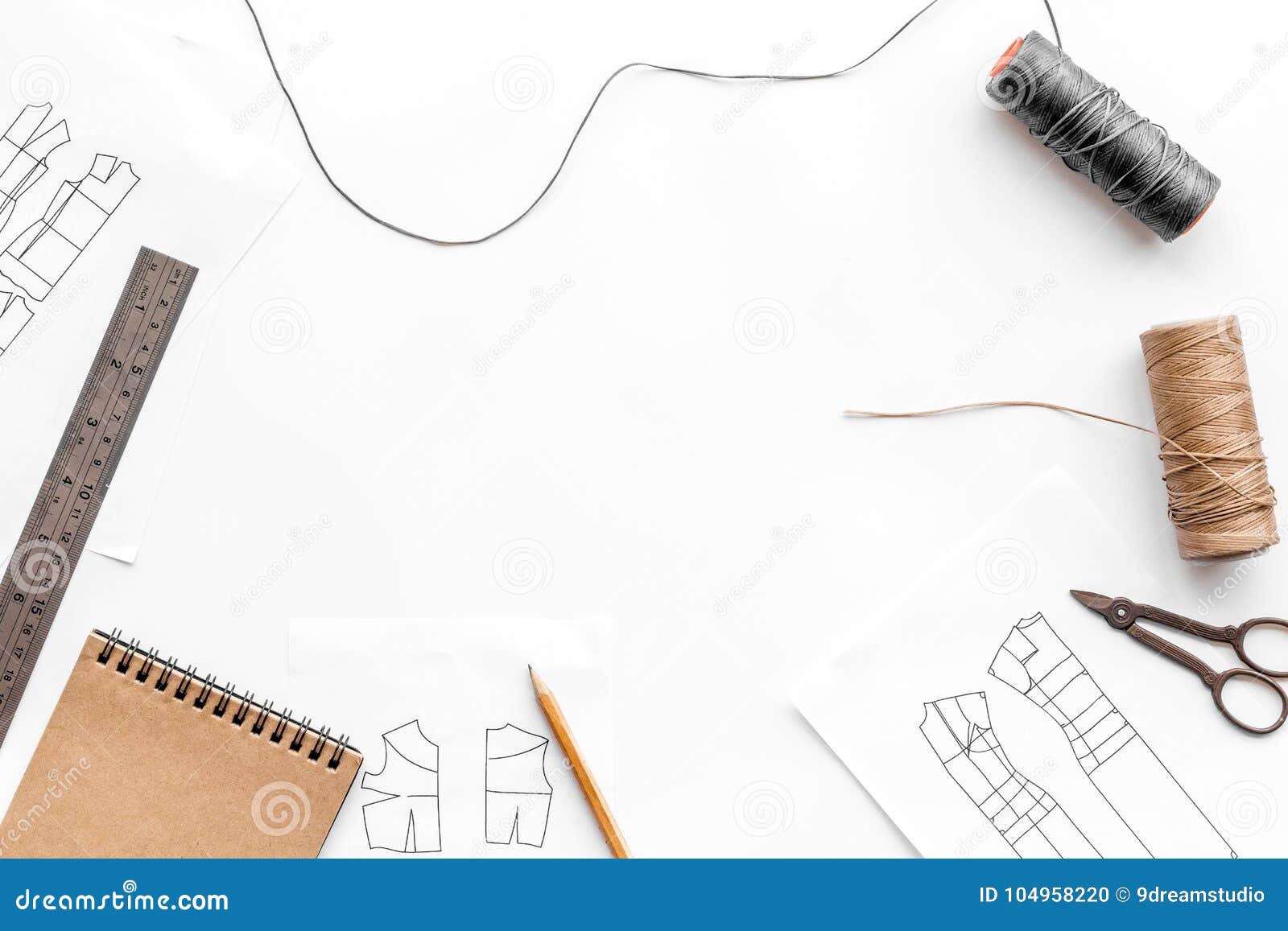 Tailor`s Work Desk. Pattern of Clothing and Tools on White Background ...