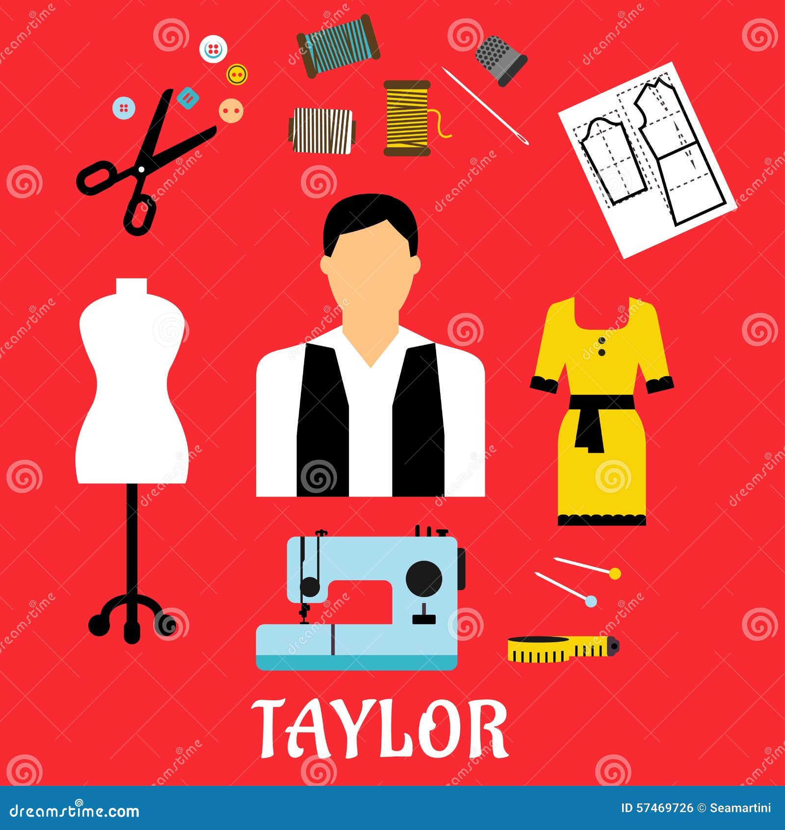 Tailor with Sewing Flat Icons Stock Vector - Illustration of scissor, tailor: 57469726