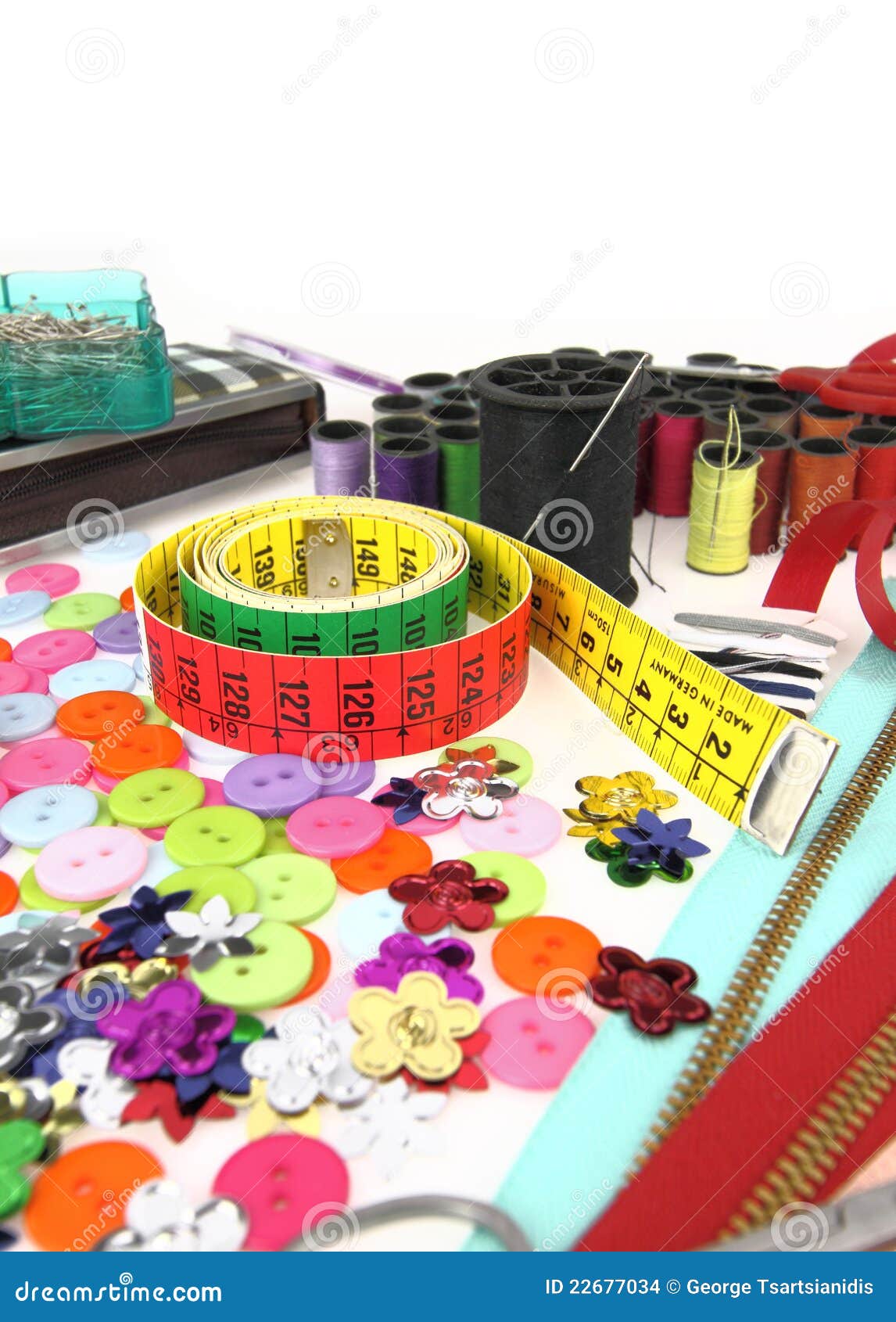 Tailor`s Tools, Old Scissors, Wooden Meter And Ruler On The Sartorial ...