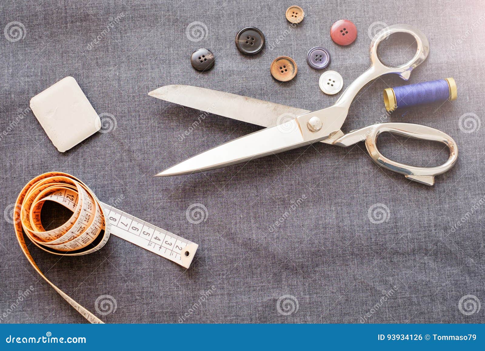 Tailor Tools on Piece of Fabric Background Stock Photo - Image of ...