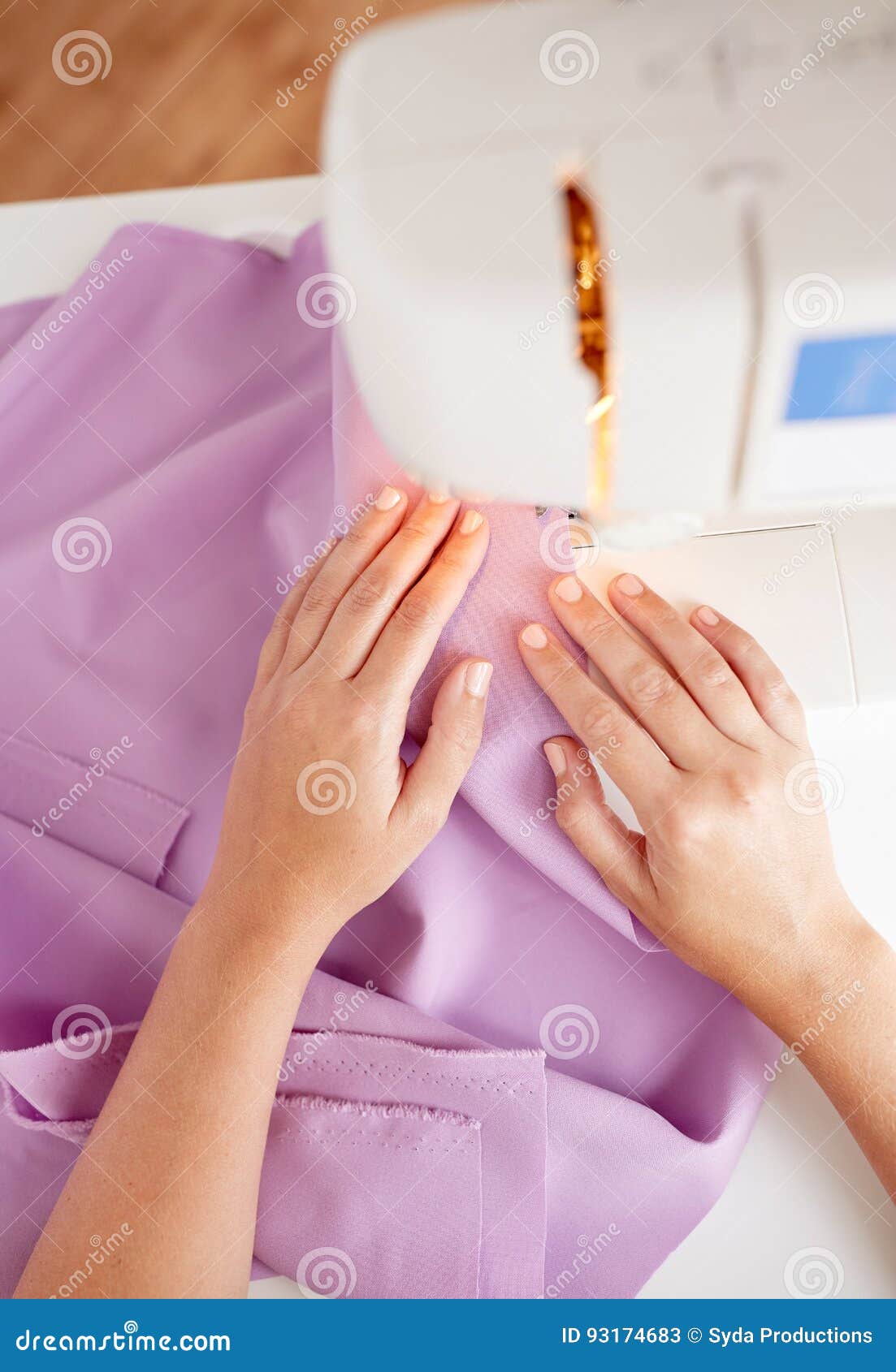 Tailor Woman with Sewing Machine Stitching Fabric Stock Image - Image ...